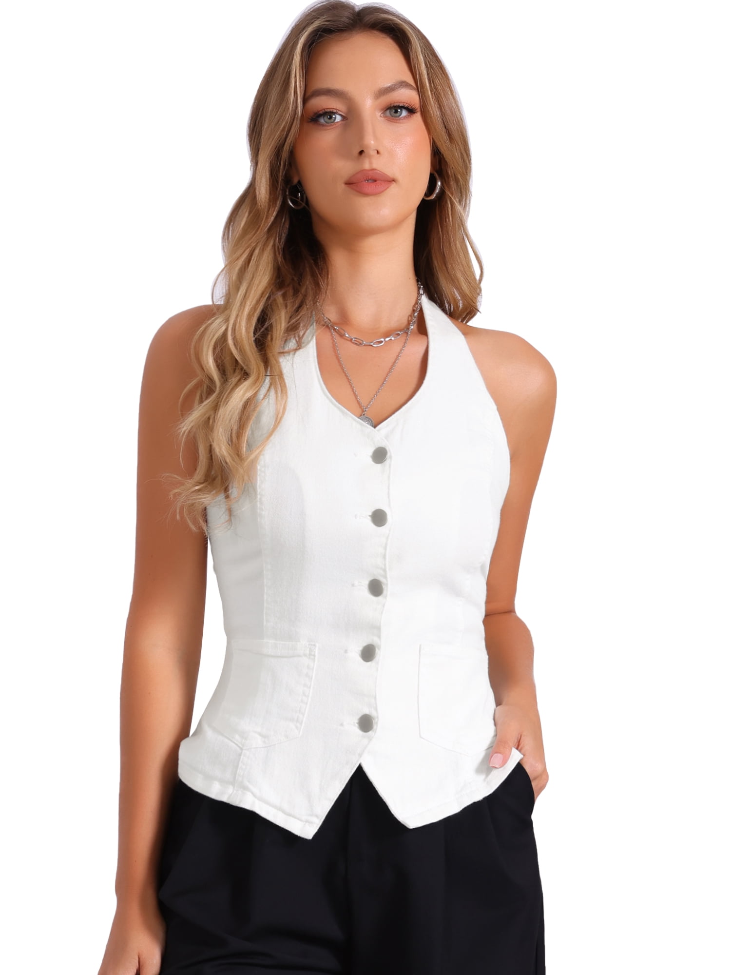DARING DIVA Women's Halter Neck Button Down Backless Jean Waistcoat XL ...