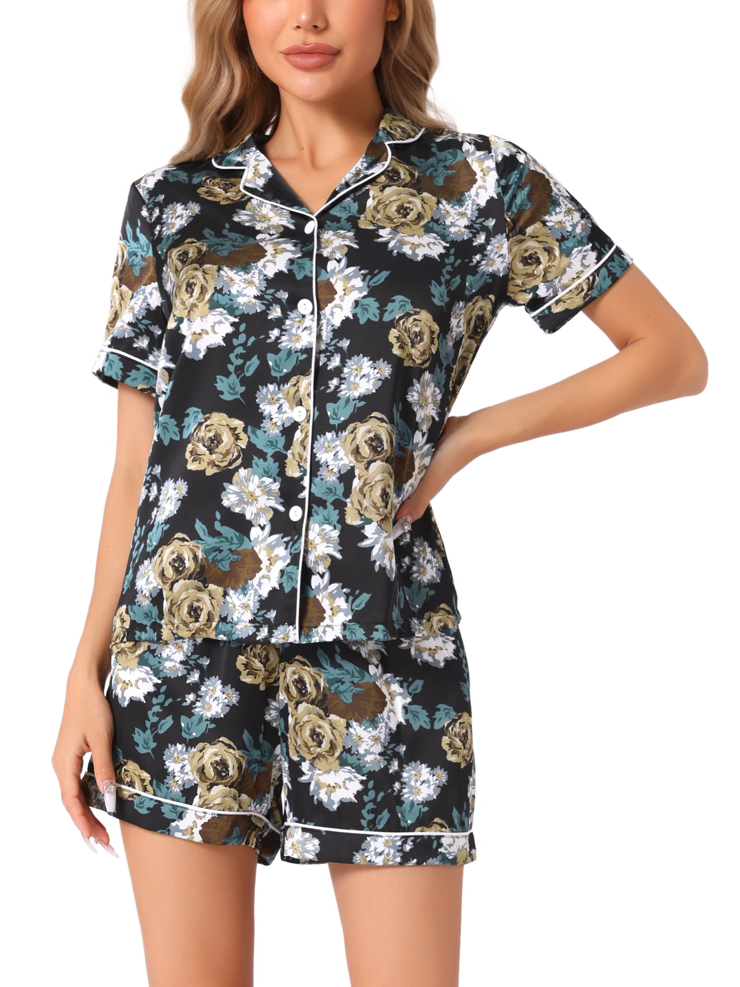 DARING DIVA Women's Hawaiian Shirt with Shorts Pajamas Set M Black ...