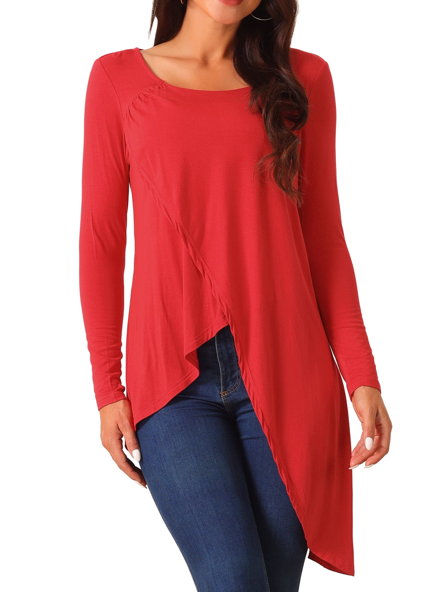 DARING DIVA Women's High Low Hem Long Sleeve Blouses L Red - Walmart.com
