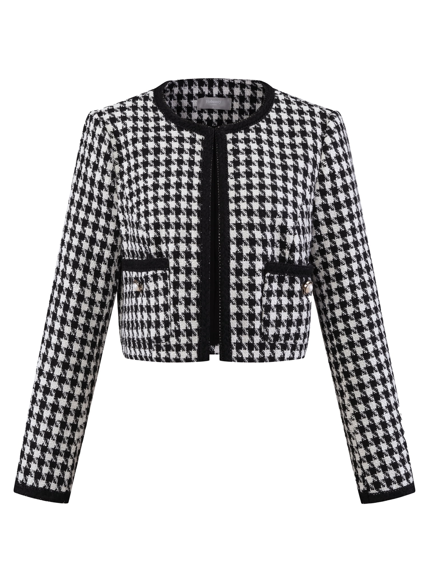 DARING DIVA Women's Houndstooth Collarless Plaid Cropped Tweed Jacket S Black White - Walmart.com