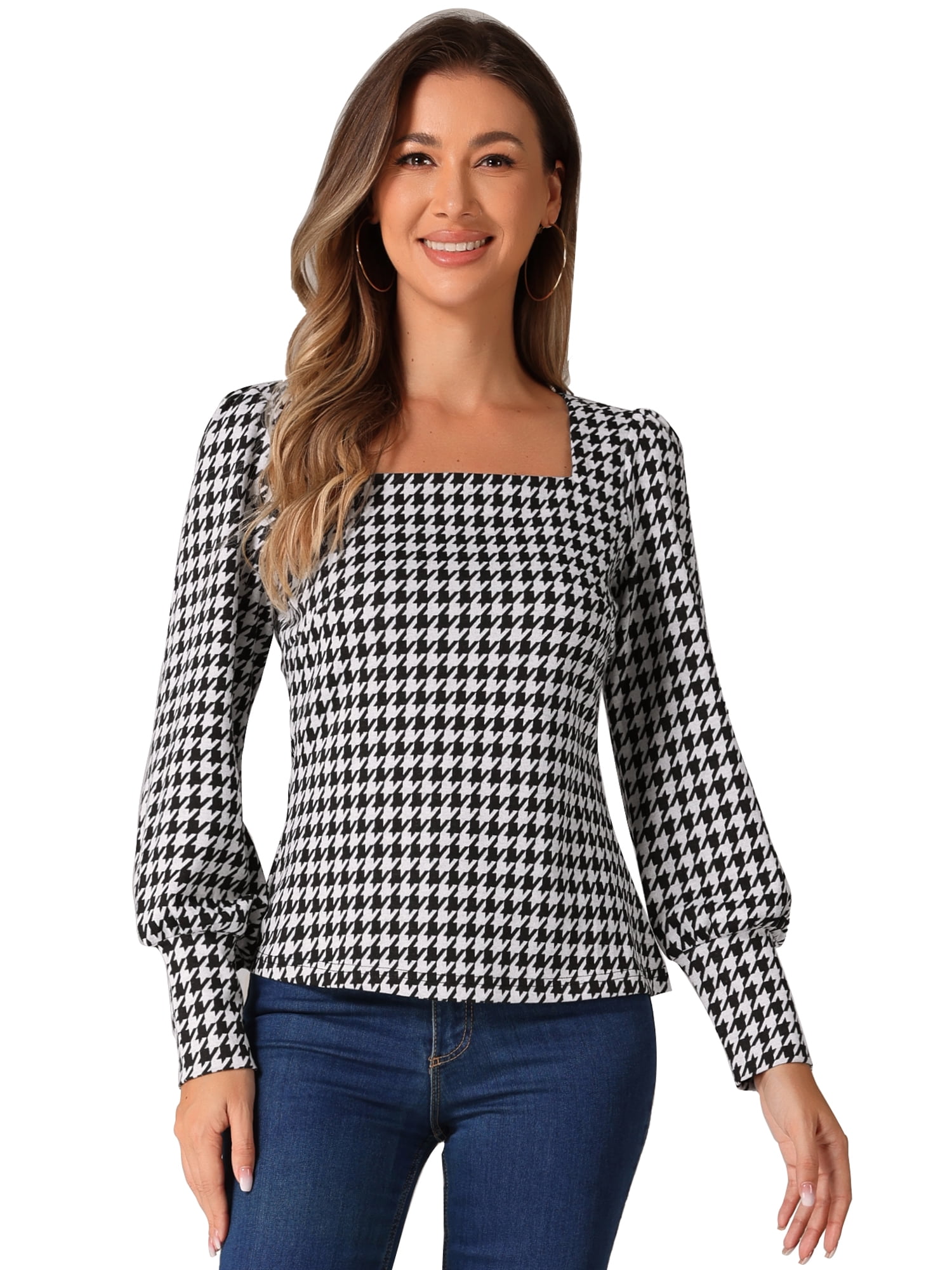 DARING DIVA Women's Houndstooth Vintage Bishop Sleeve Blouses L Black ...