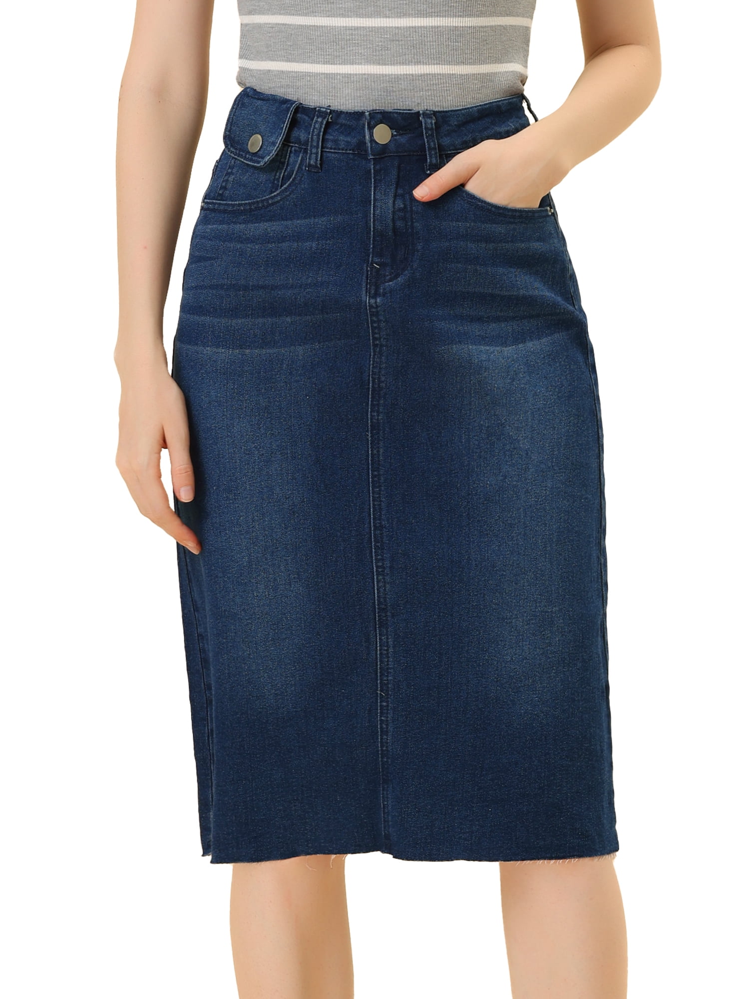 DARING DIVA Women's Jean Back Vent Midi Length Denim Skirts XS Dark ...