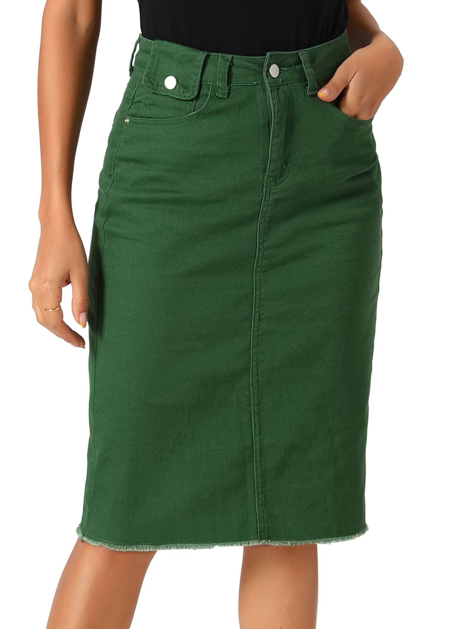 DARING DIVA Women's Jean Back Vent Midi Length Denim Skirts XS Green ...