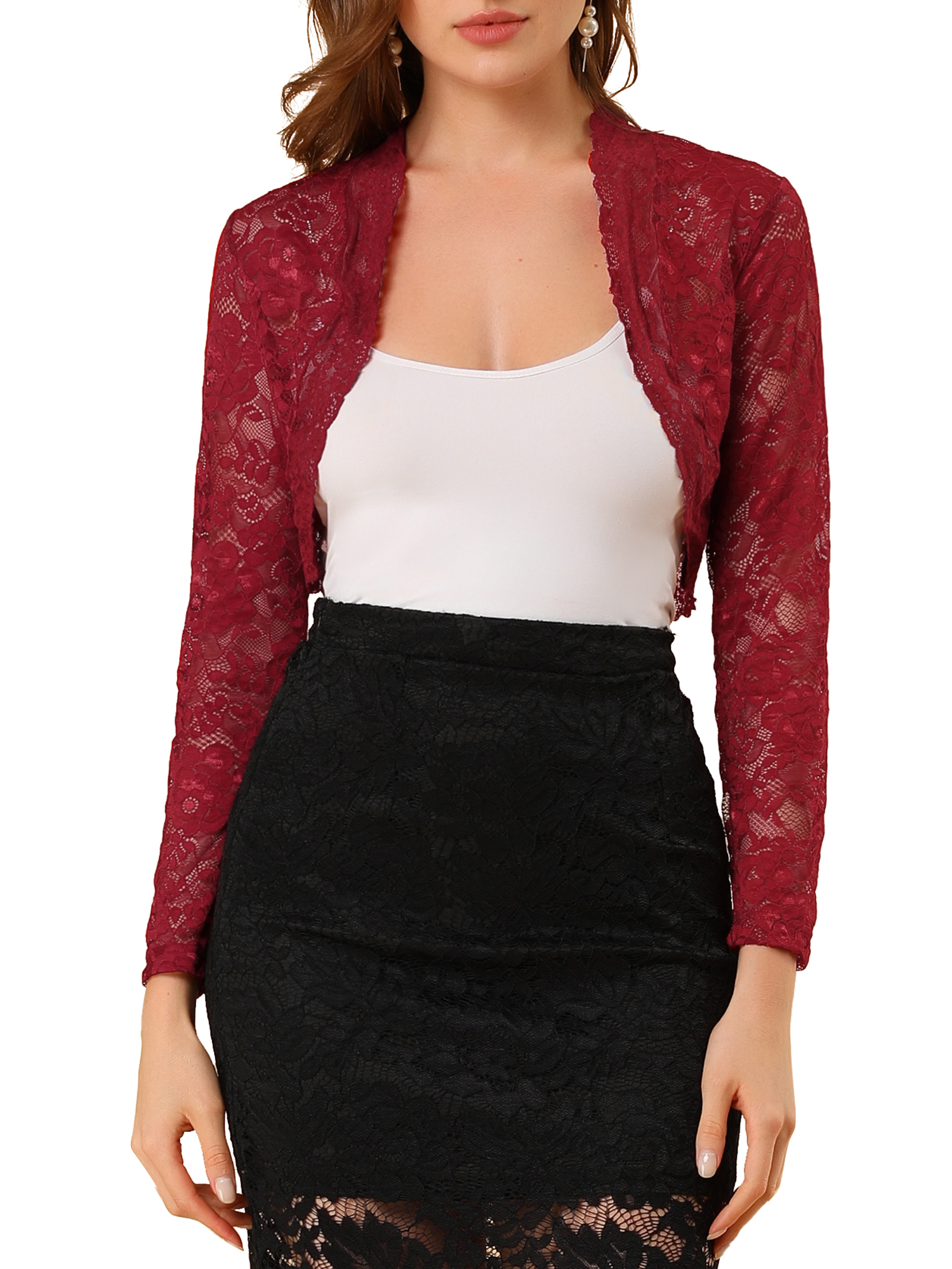 DARING DIVA Women's Lace Bolero Shrugs Sheer Crop Cardigan XS Dark Red ...