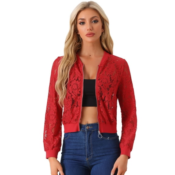 DARING DIVA Women's Lace Stand Collar Zip Up Mesh Sheer Bomber Jacket ...