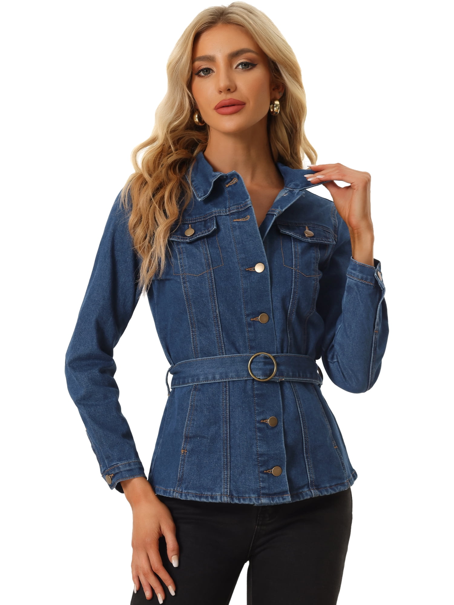 DARING DIVA Women's Lapel Collar Denim Belted Single Breasted Jean ...