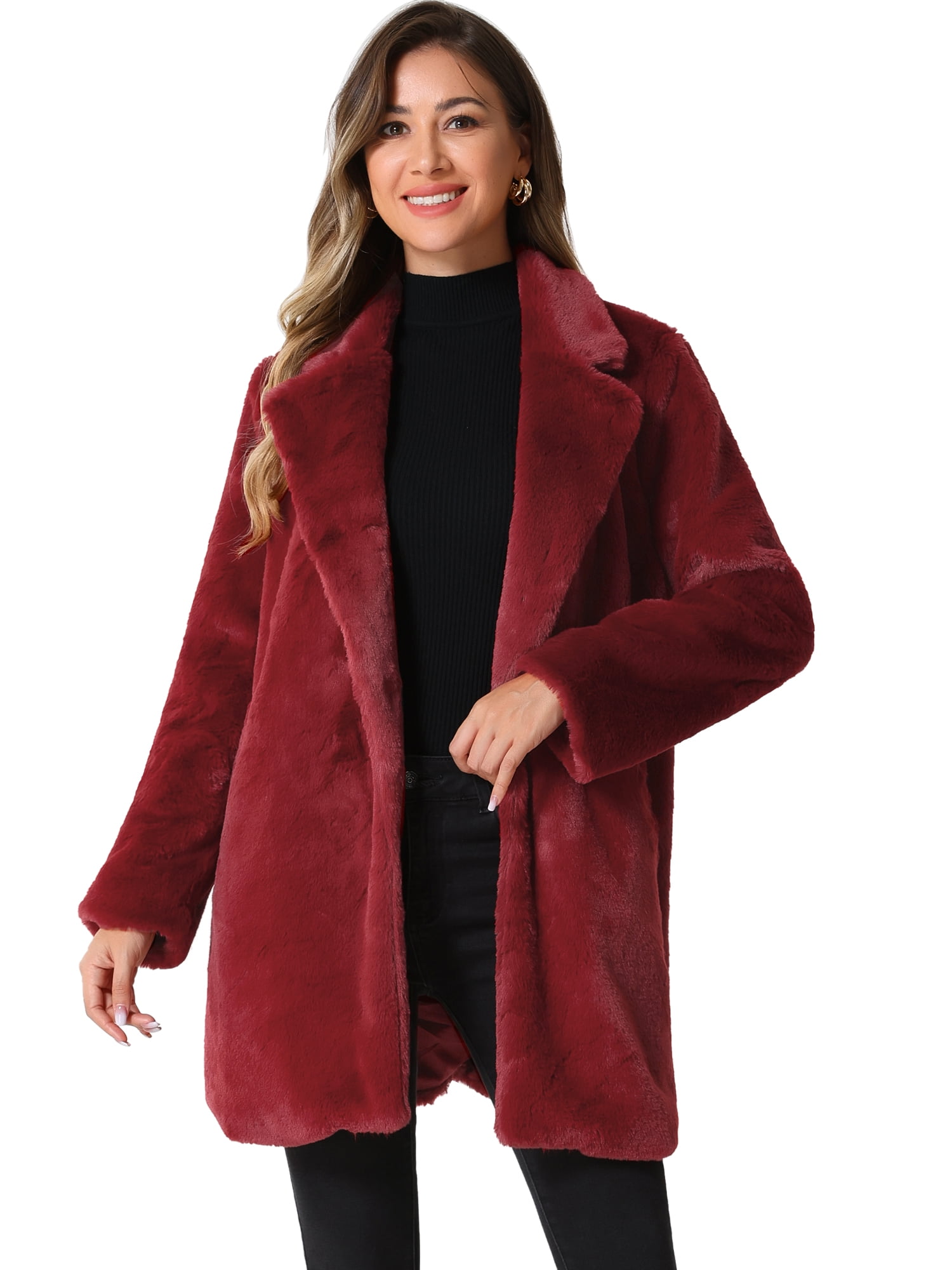 DARING DIVA Women's Lapel Faux Fur Fuzzy Warm Jacket Overcoat M Red ...