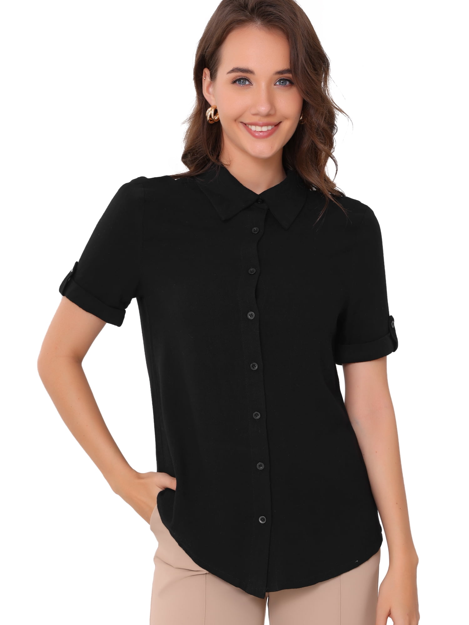 DARING DIVA Women's Linen Collared Top Work Office Casual Blouse Tops M ...