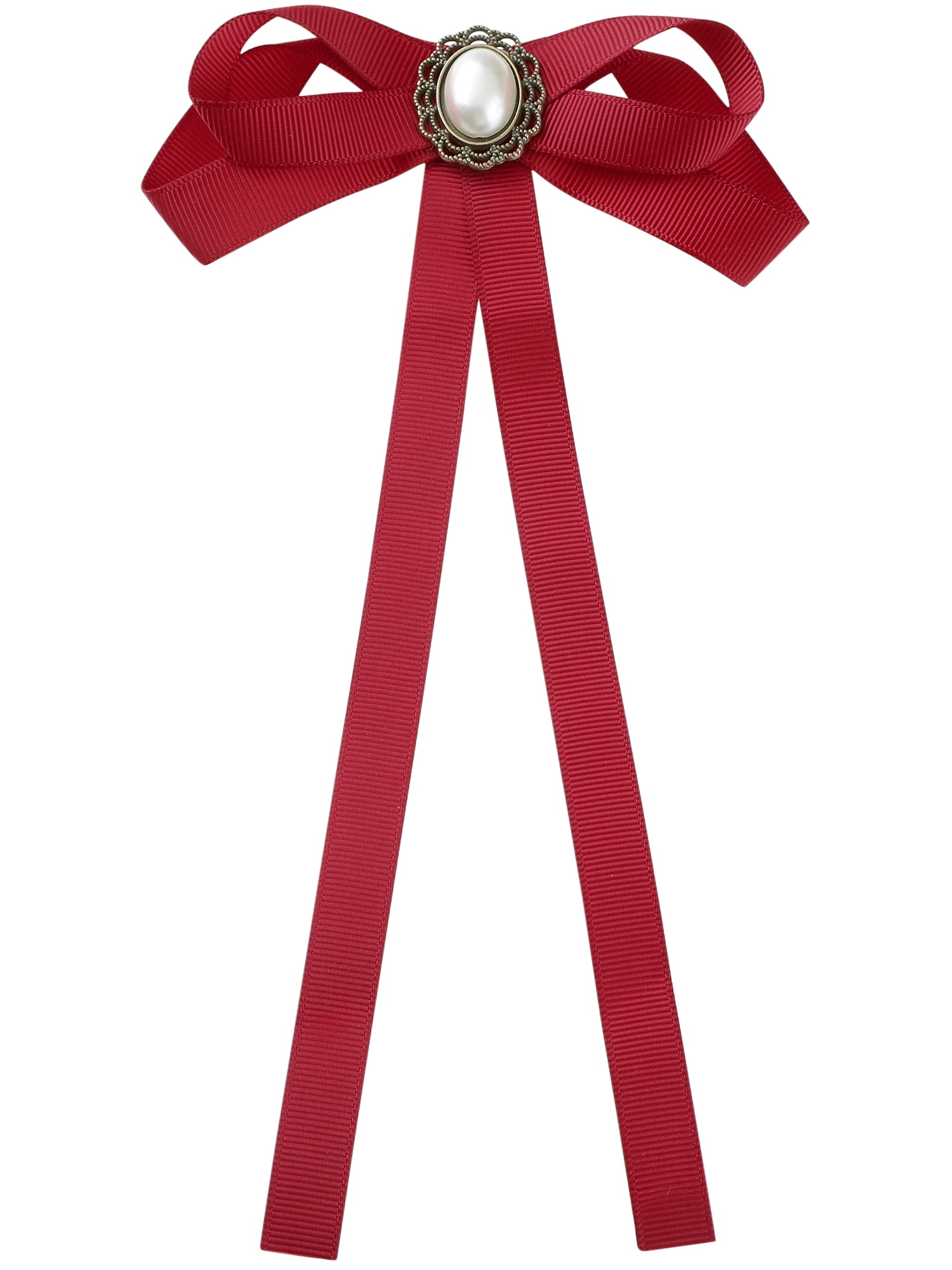 DARING DIVA Women's Long Ribbon Pre-Tied Bow Tie with Faux Pearl Red ...