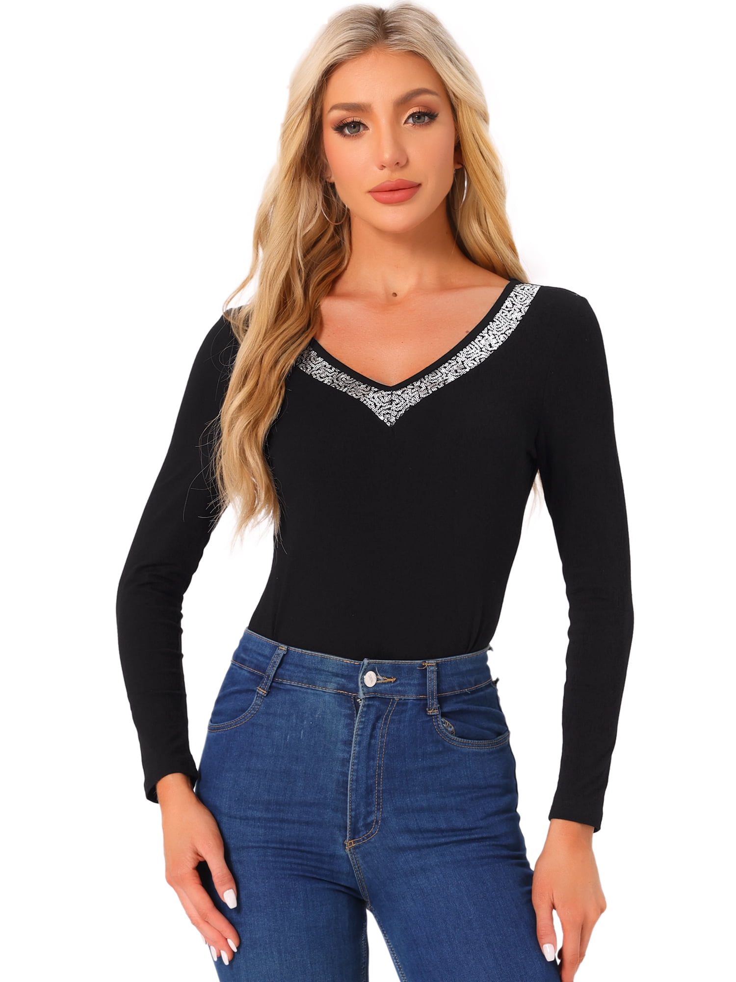 DARING DIVA Women's Long Sleeve V Neck Basic Blouses with Sequins S ...