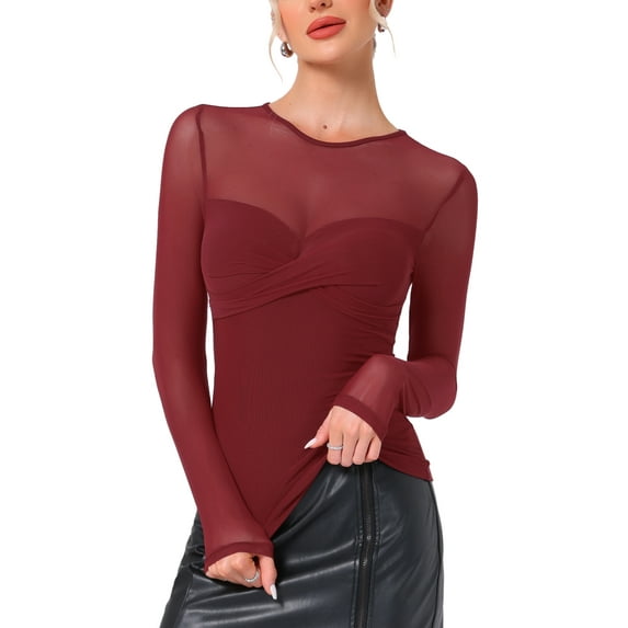 DARING DIVA Women's Mesh Long Sleeve See Through Sheer Top XL Dark Red ...