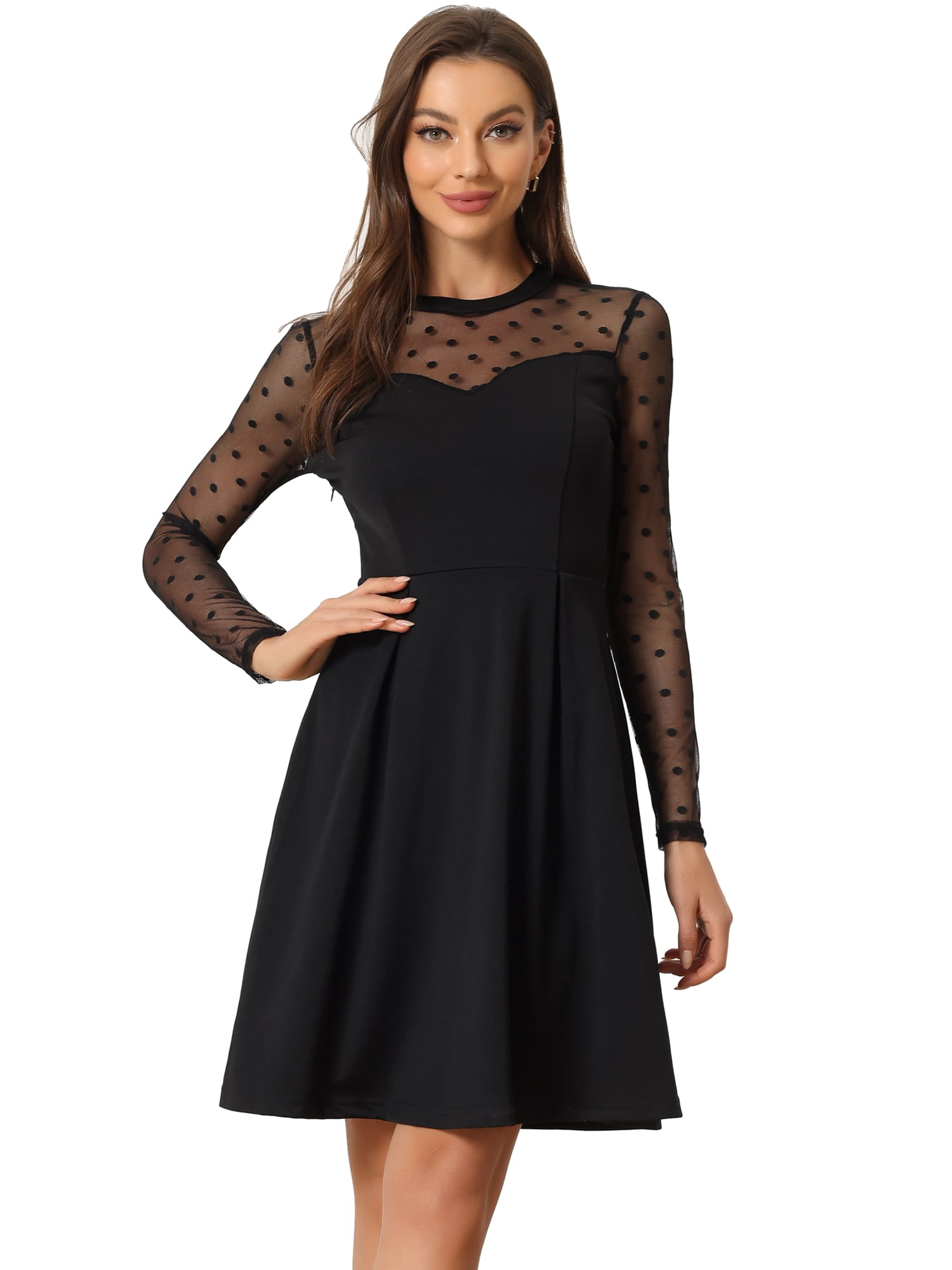 DARING DIVA Women's Mesh Sheer Sleeve Skater Dress L Black-Polka Dots ...