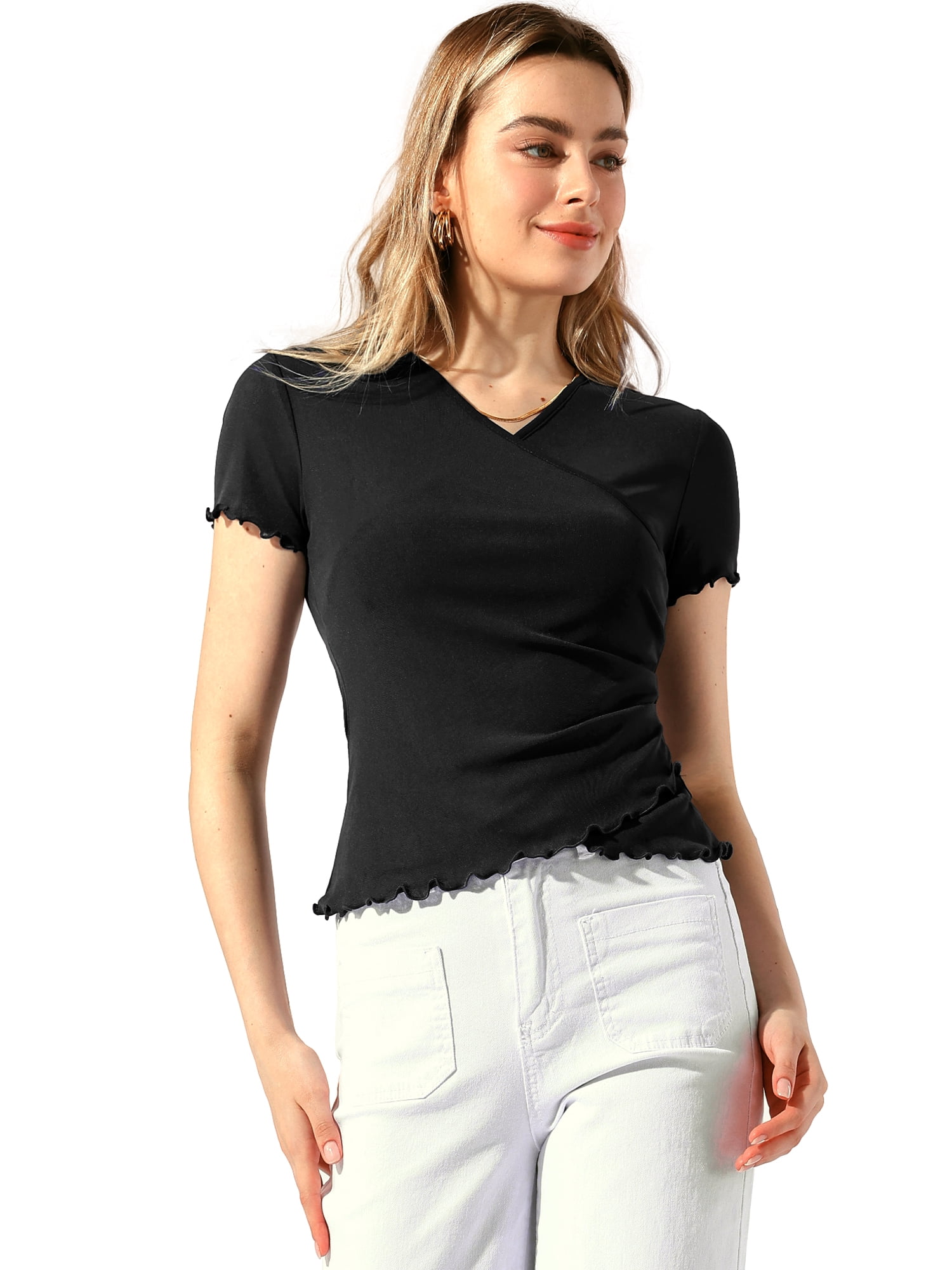 DARING DIVA Women's Mesh Sheer V Neck Cross Wrap Ruffled Tops M Black ...