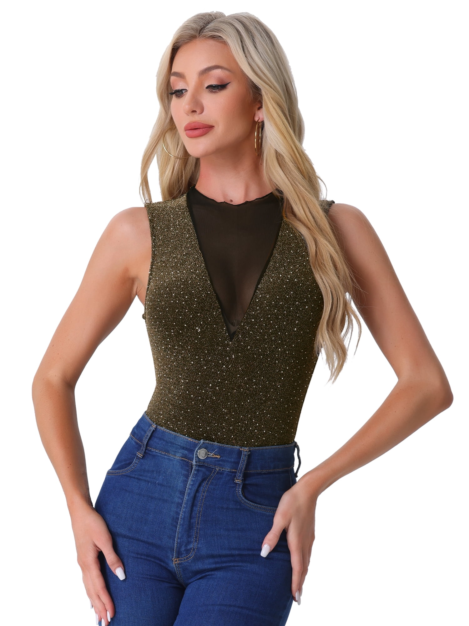 DARING DIVA Women's Mesh Tops Glitter Party Club Sparkly Shirt M Black ...