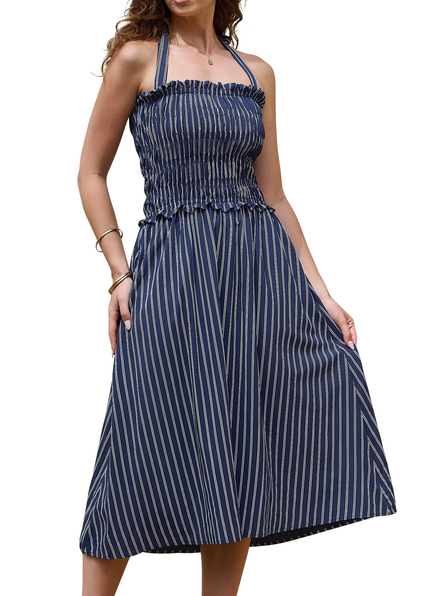 DARING DIVA Women's Midi Dress Halter Neck 2026 Smocked Striped Dresses ...