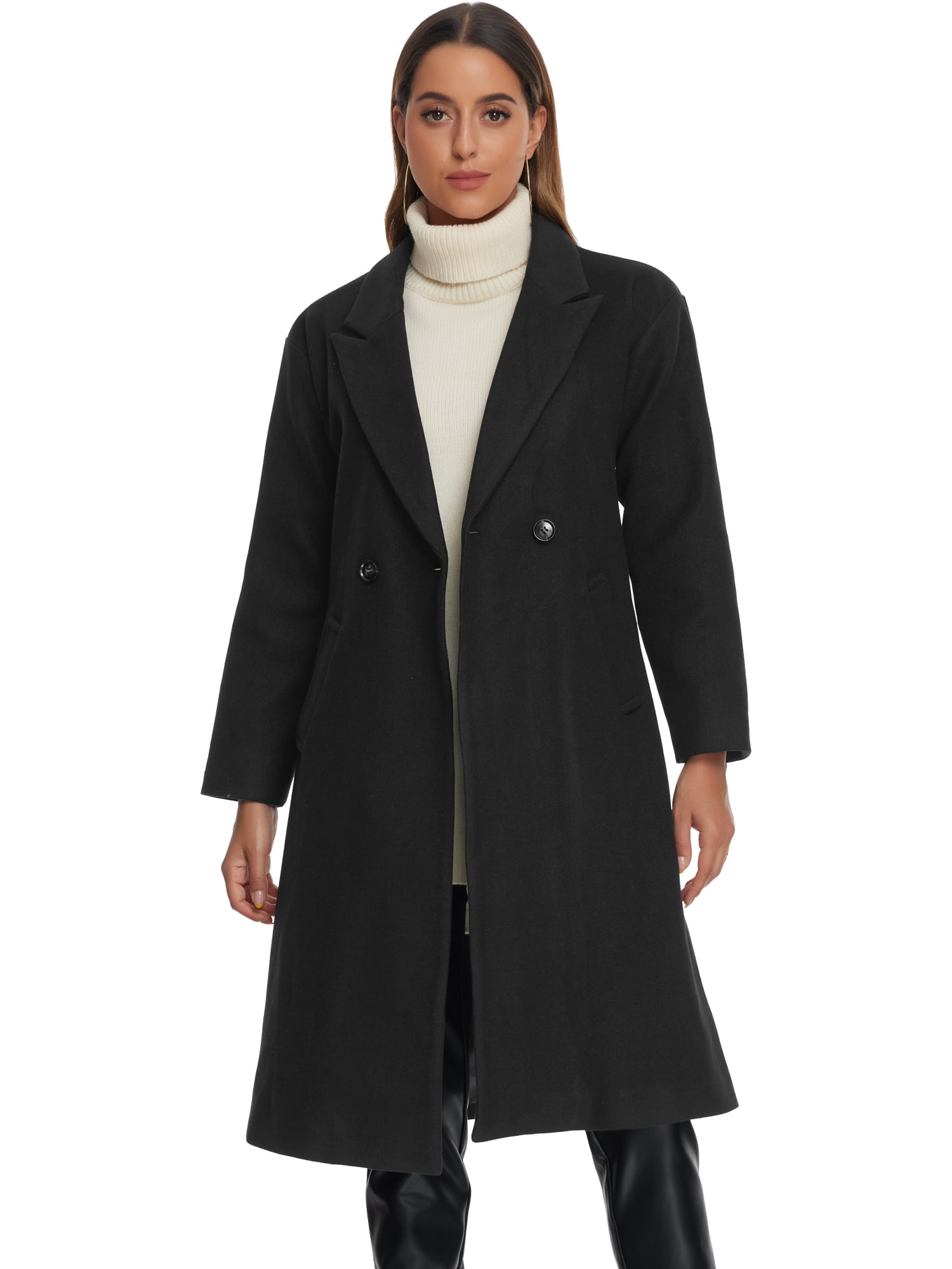DARING DIVA Women's Winter Overcoat Notch Lapel Double-Breasted Mid ...