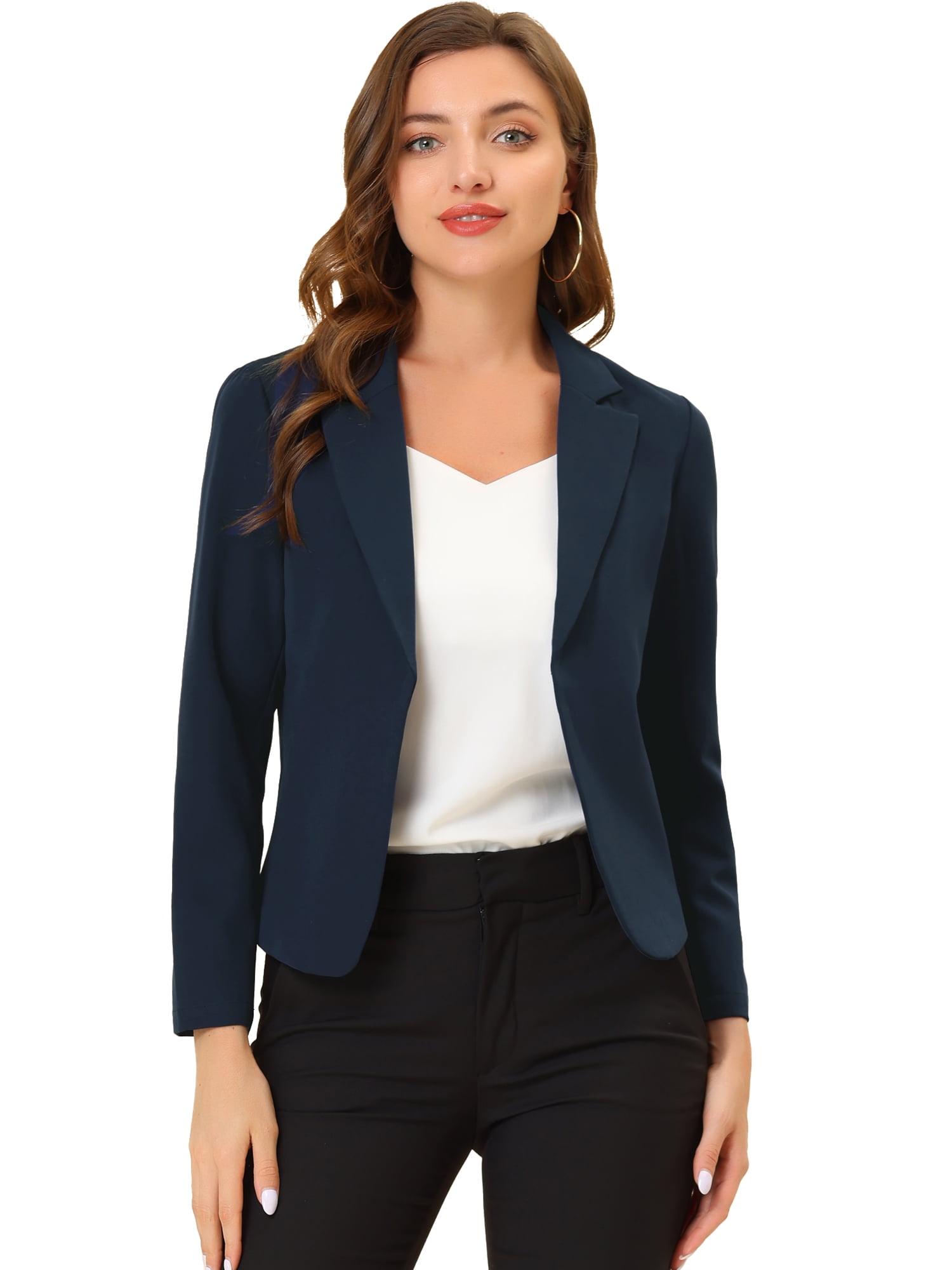 DARING DIVA Women's Notched Lapel Work Crop Blazer M Dark Blue-Solid ...