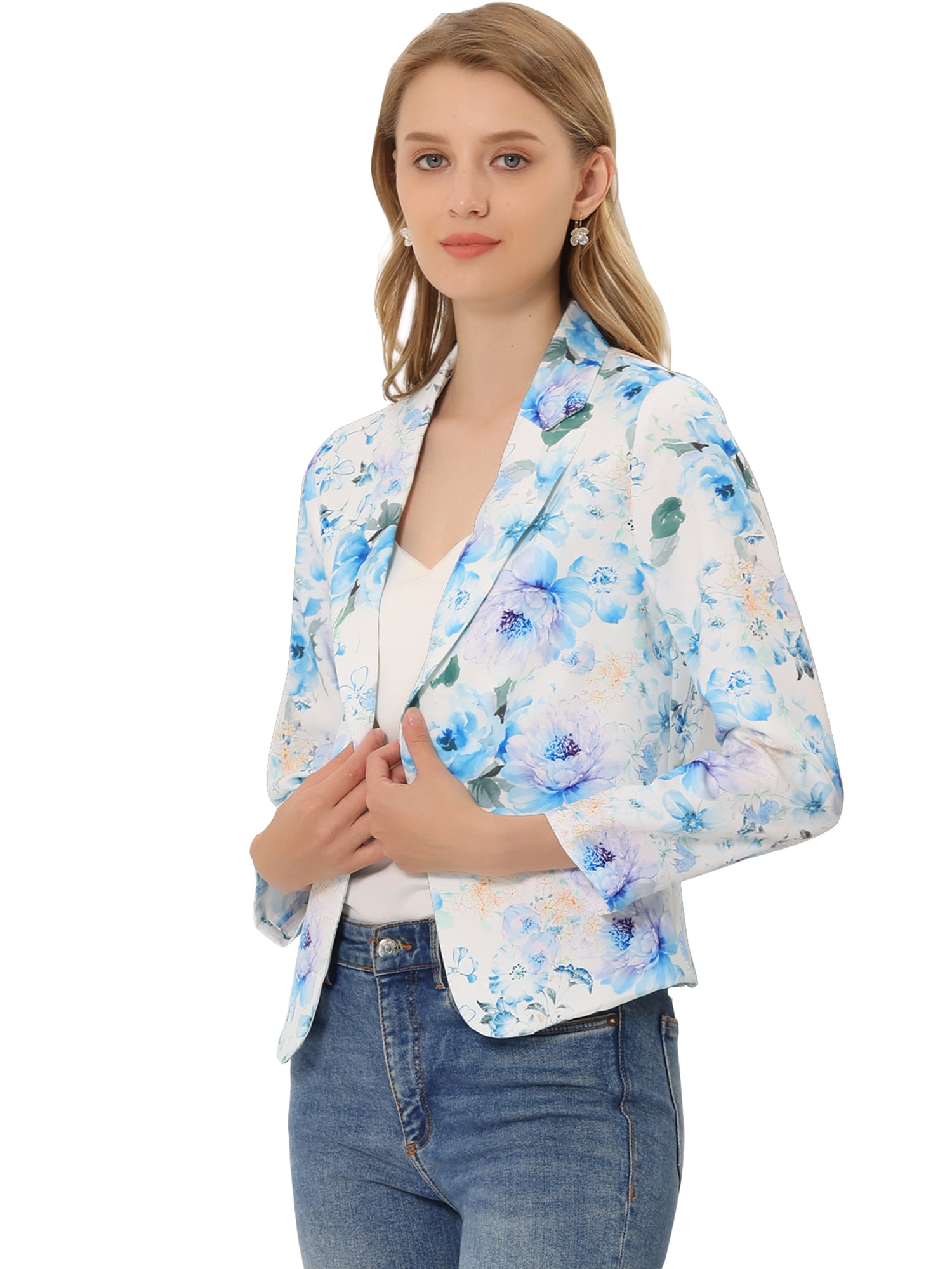 DARING DIVA Women's Notched Lapel Work Crop Blazer XS White Light Blue ...