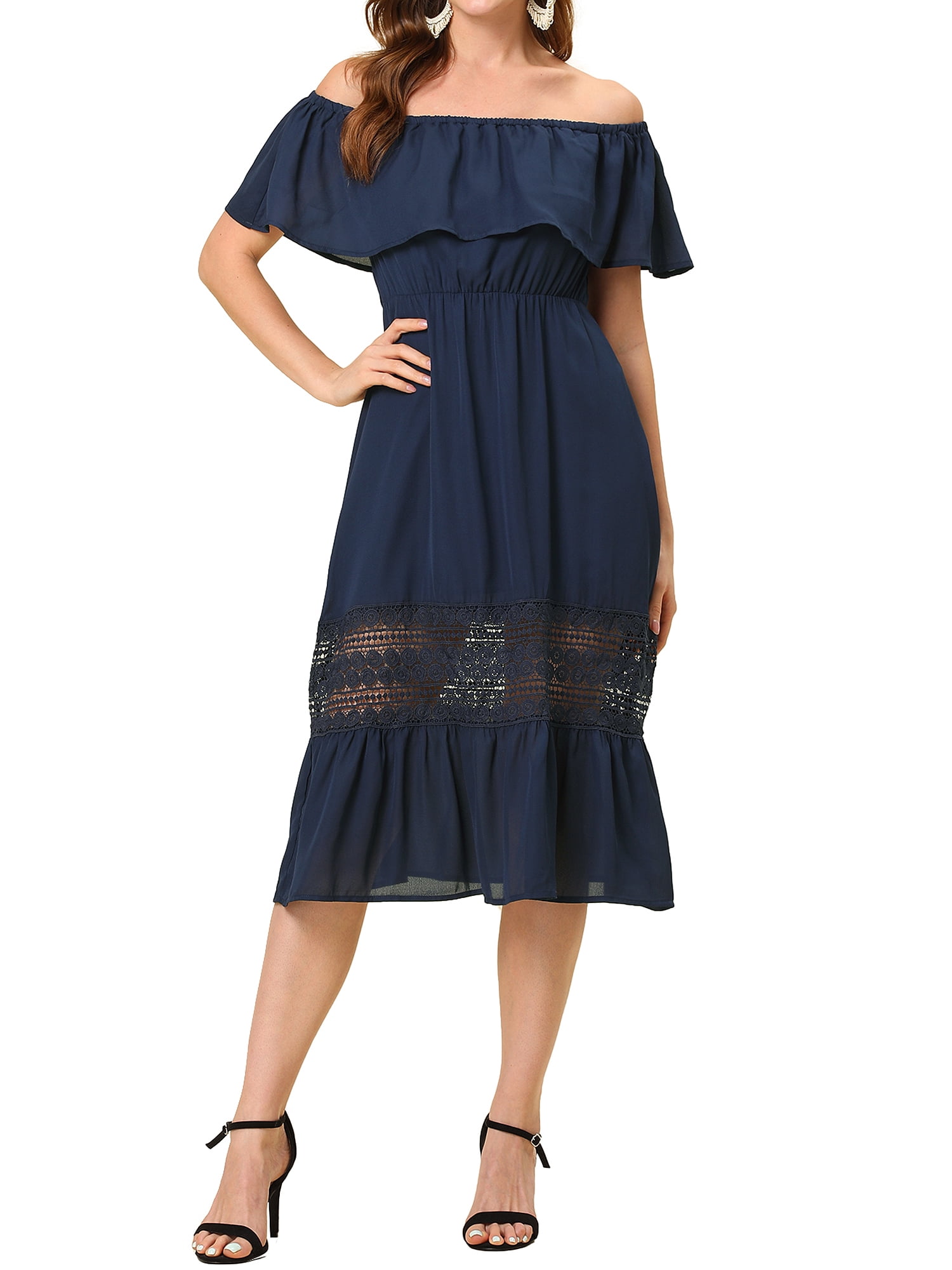 DARING DIVA Women's Off Shoulder Flutter Sleeve Maxi Dress XS Navy Blue ...