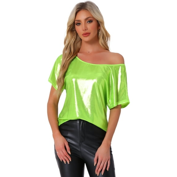 DARING DIVA Women's Off Shoulder Short Sleeve Sparkly Metallic Blouses XS Light Green - Walmart.com