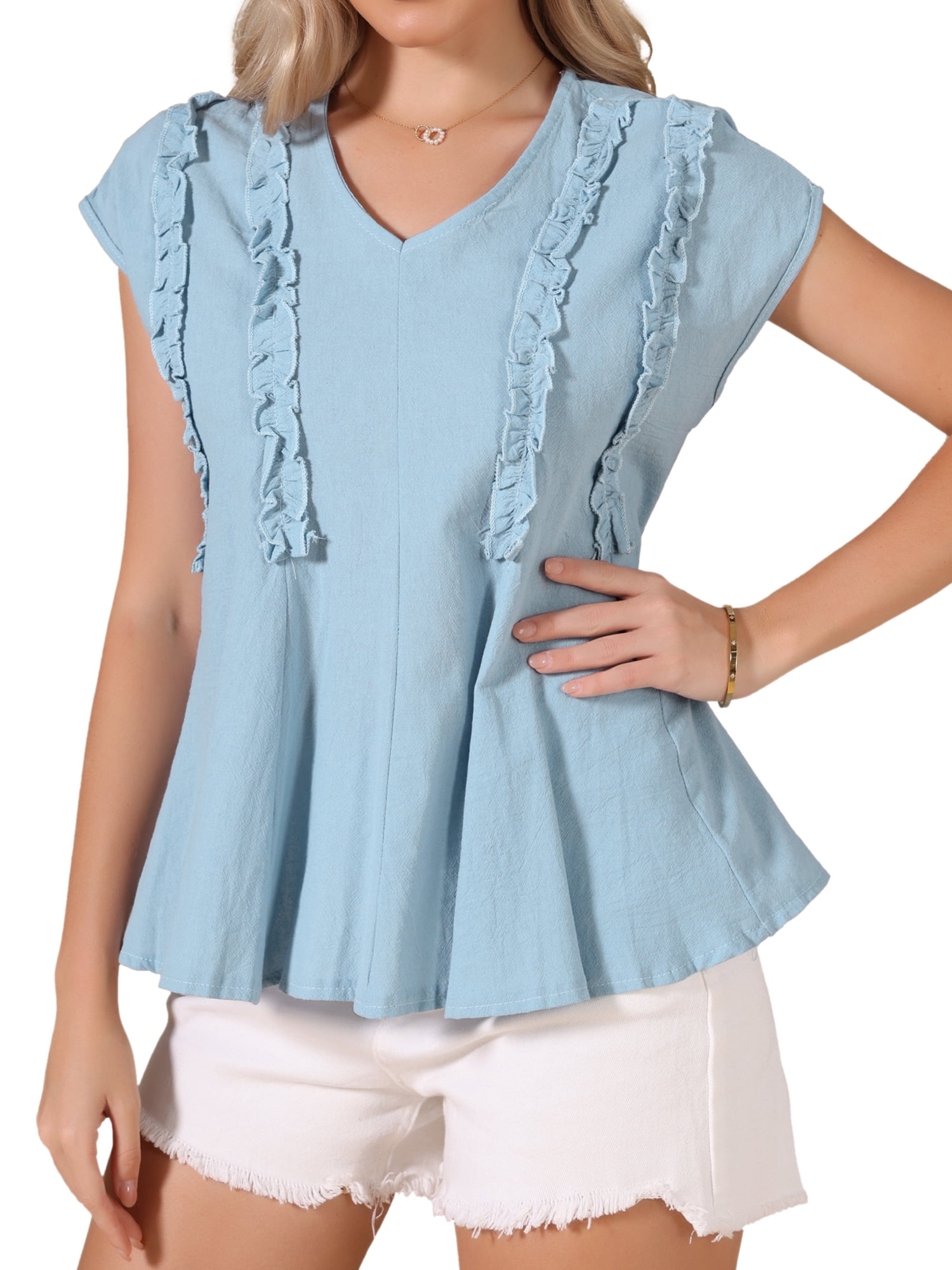 DARING DIVA Women's Peplum Tops Short Sleeve V Neck Blouse Cotton Loose ...