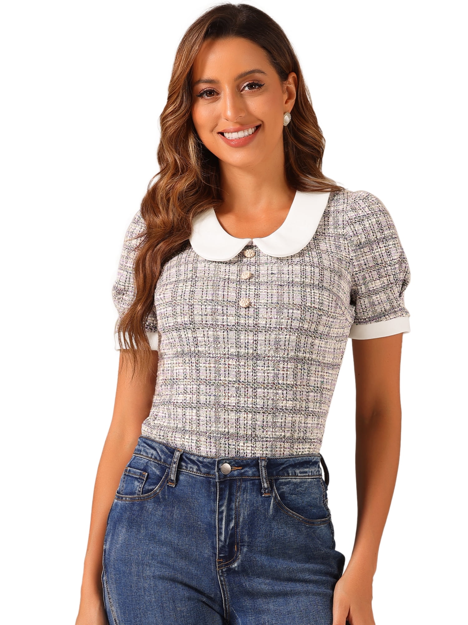 DARING DIVA Women's Peter Pan Collar Button Decor Vintage Tweed Blouses ...