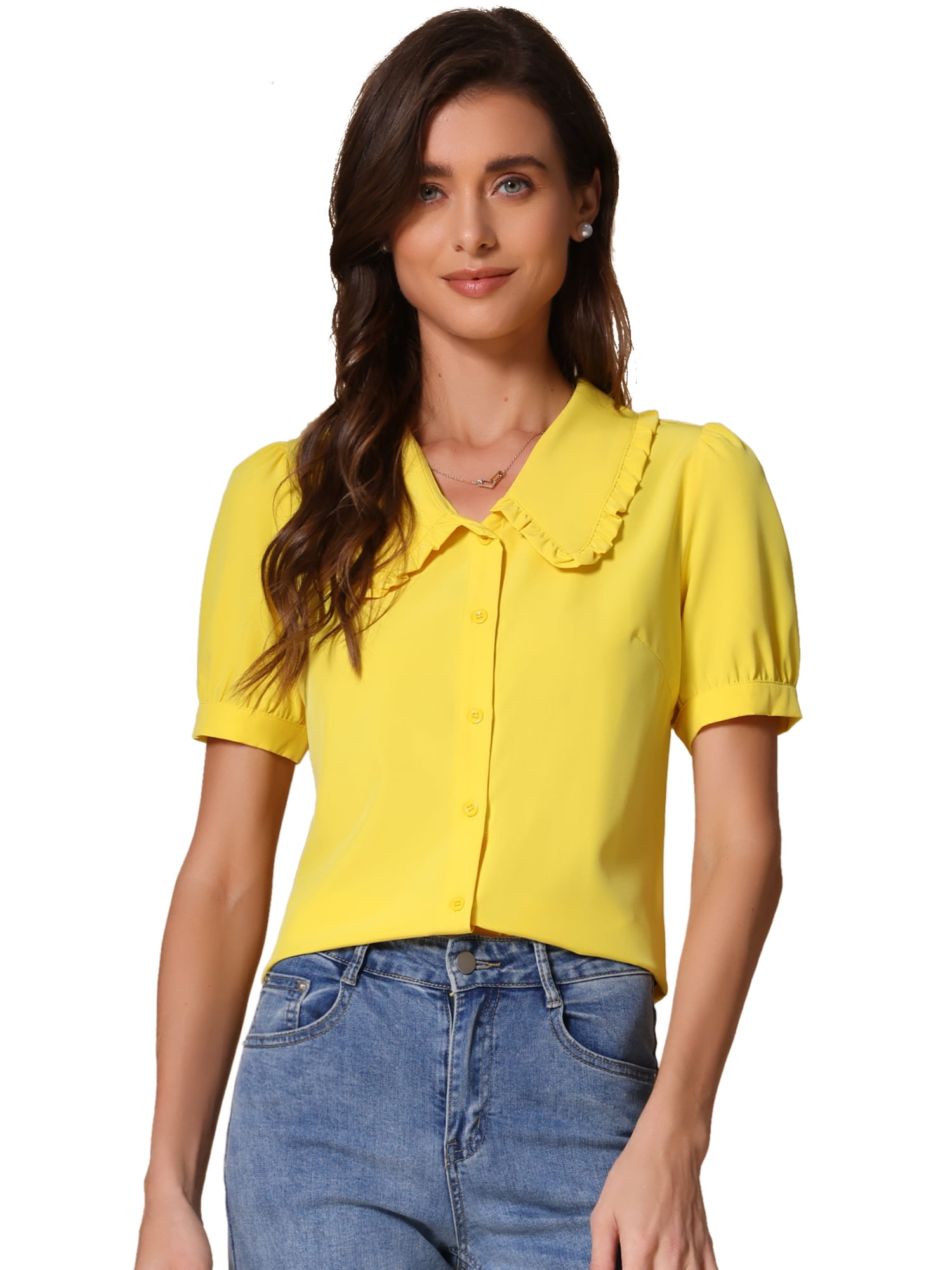 DARING DIVA Women's Peter Pan Collar Puff Short Sleeve Retro Blouse XL ...
