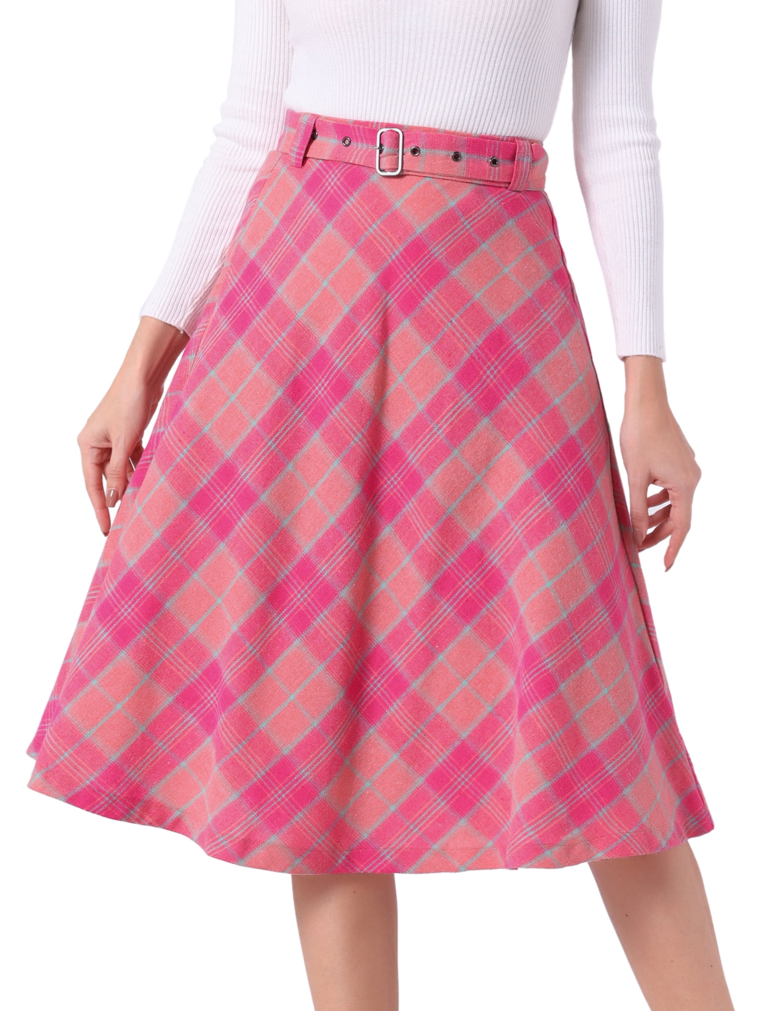 DARING DIVA Women's Plaid Belted Vintage A-Line Midi Skirt L Hot Pink ...