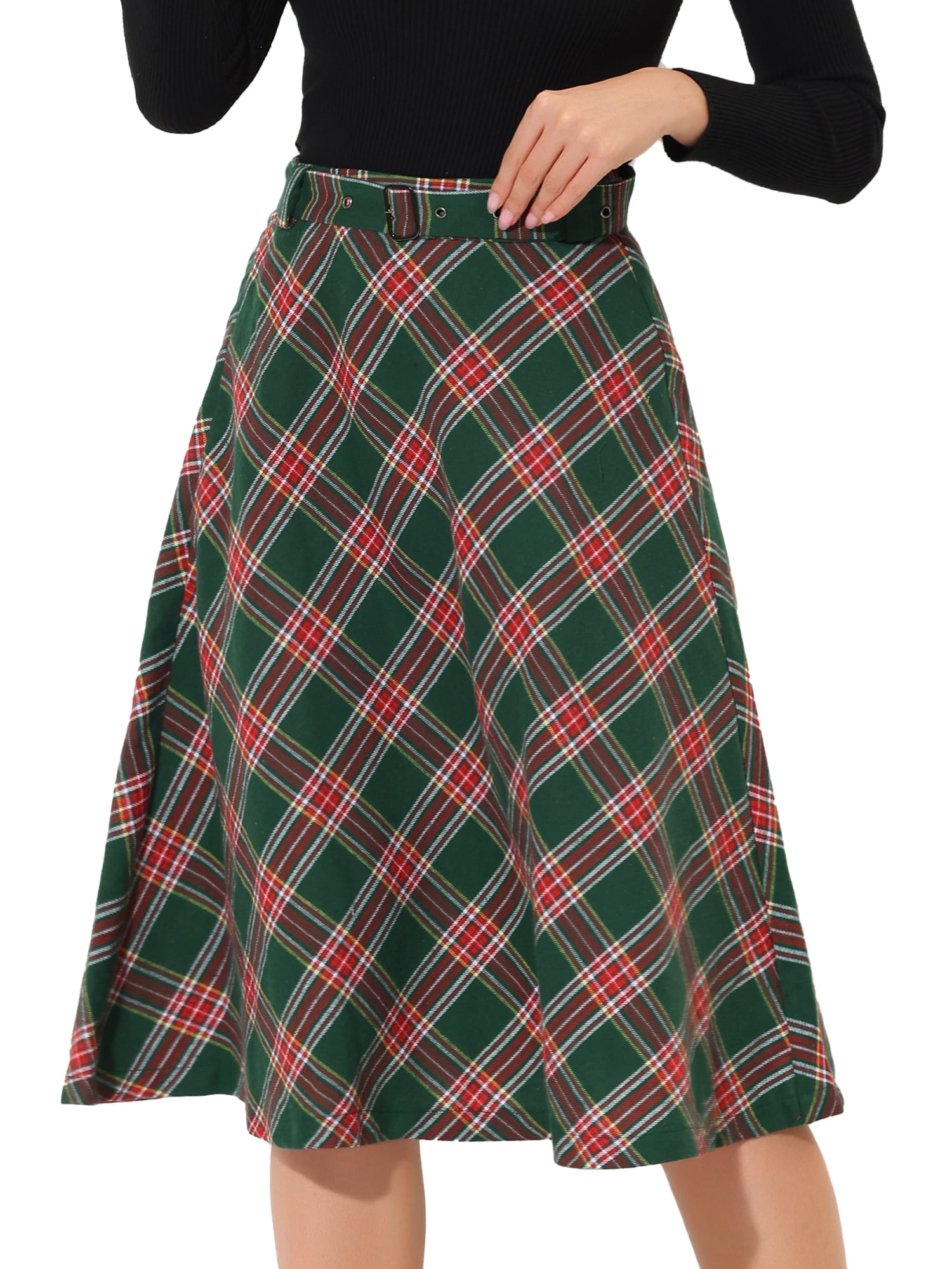 DARING DIVA Women's Plaid Belted Vintage A-Line Midi Skirt M Green Red ...