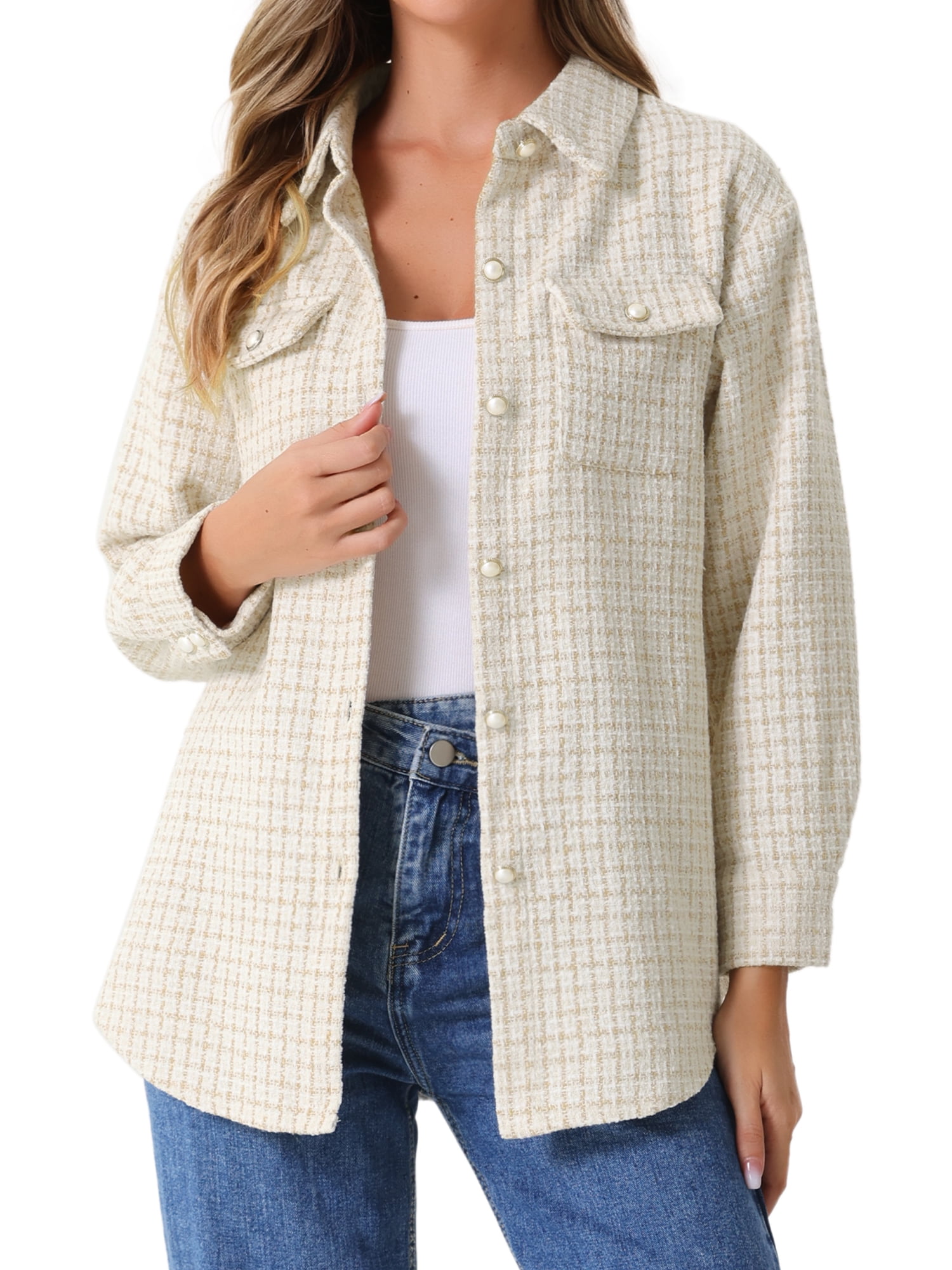 DARING DIVA Women's Plaid Jacket Tweed Button Down Loose Winter Shacket XS White - Walmart.com