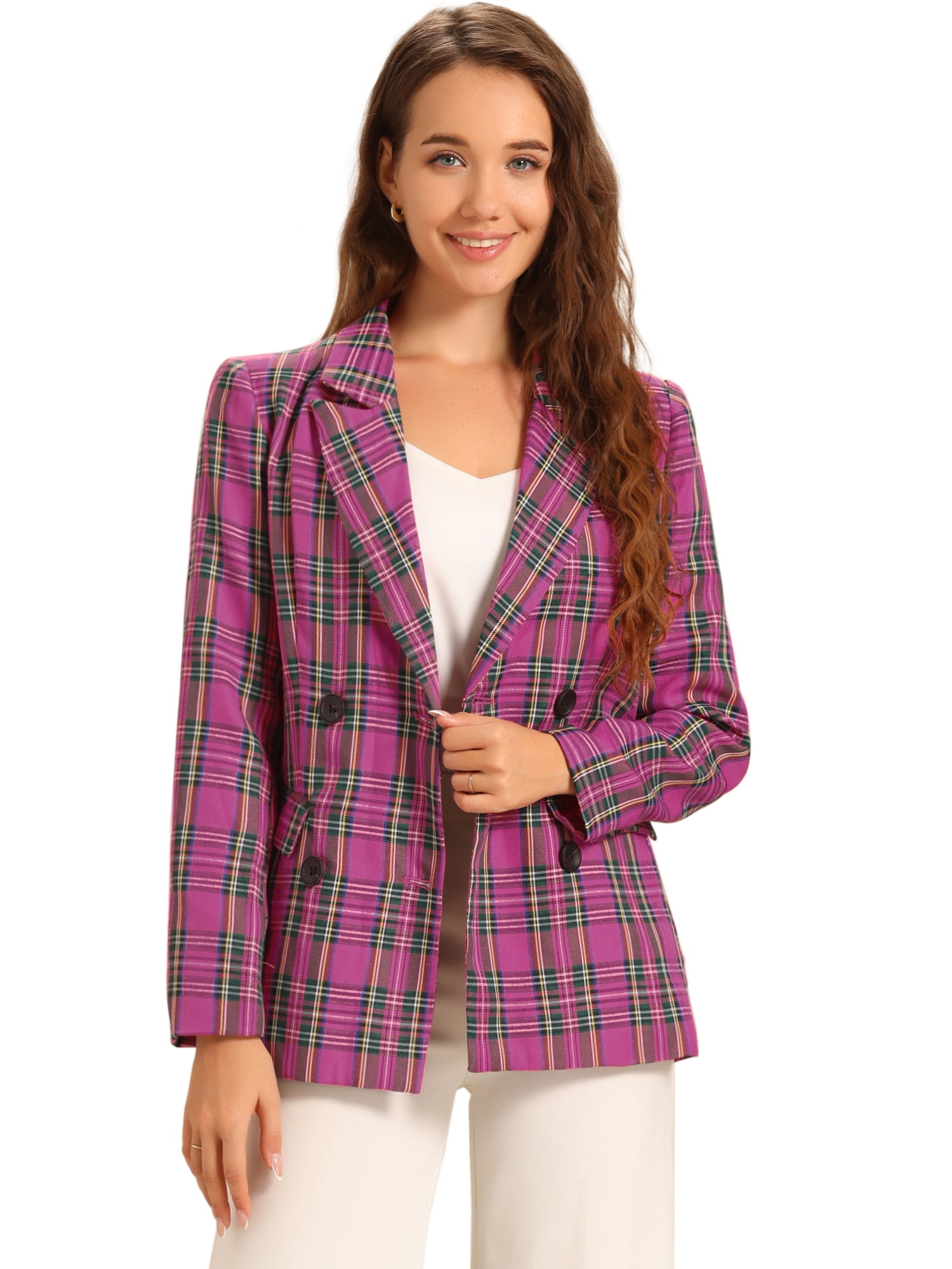 DARING DIVA Women's Plaid Notched Lapel Blazer Jacket XS Hot Pink ...