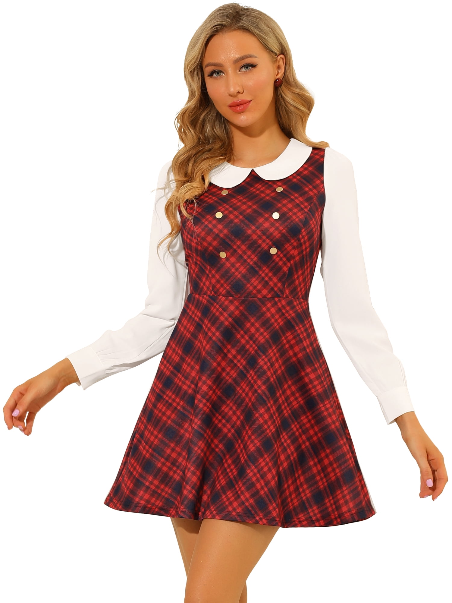 DARING DIVA Women's Plaid Peter Pan Collar Mini A-Line Dress S Red - Walmart.com