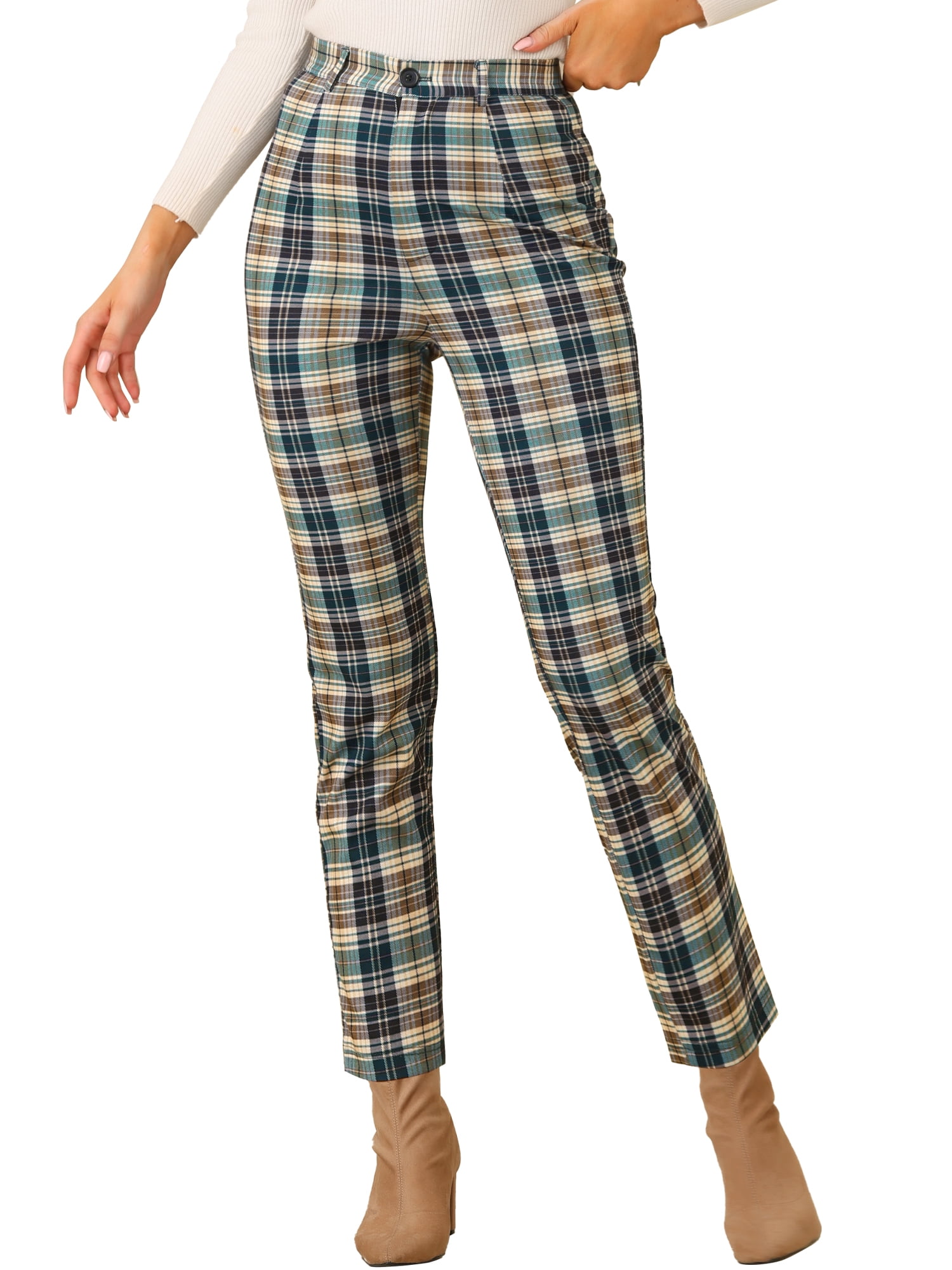 DARING DIVA Women's Plaid Trousers Button Tartan Check Work Pants XL ...
