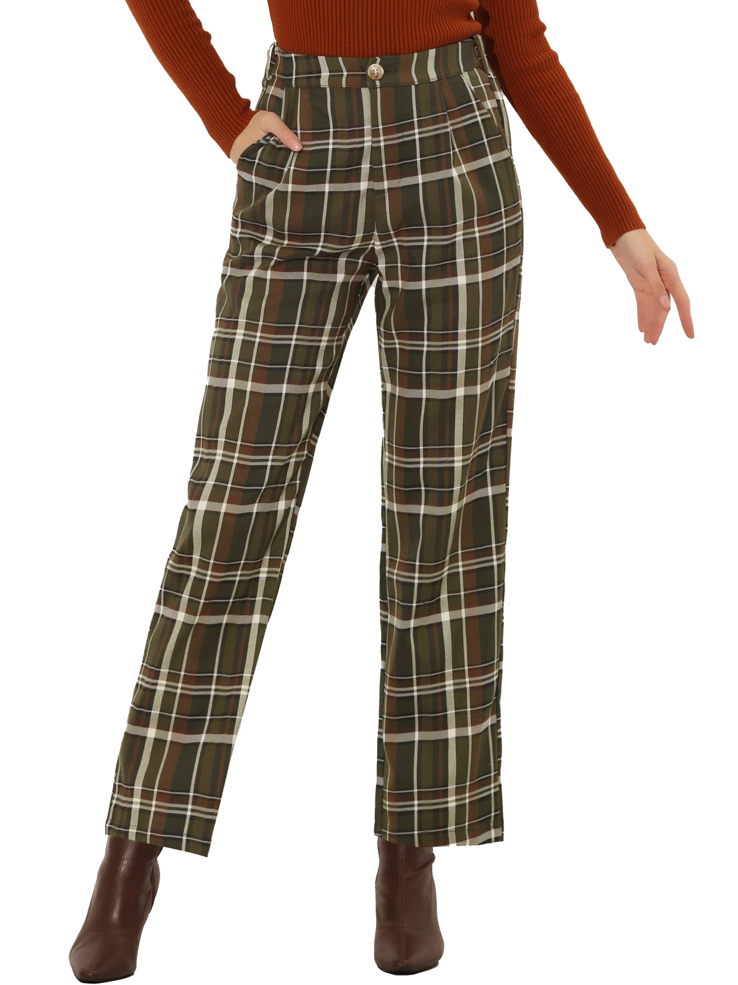 DARING DIVA Women's Plaid Trousers Pockets Straight Leg Casual Pant M ...