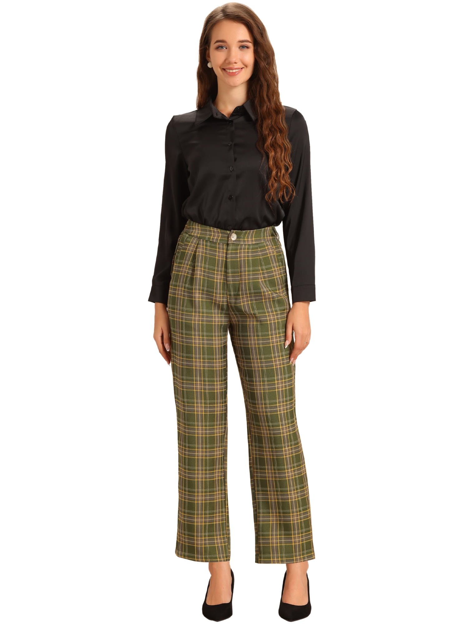 DARING DIVA Women's Plaid Trousers Pockets Straight Leg Casual Pant M ...