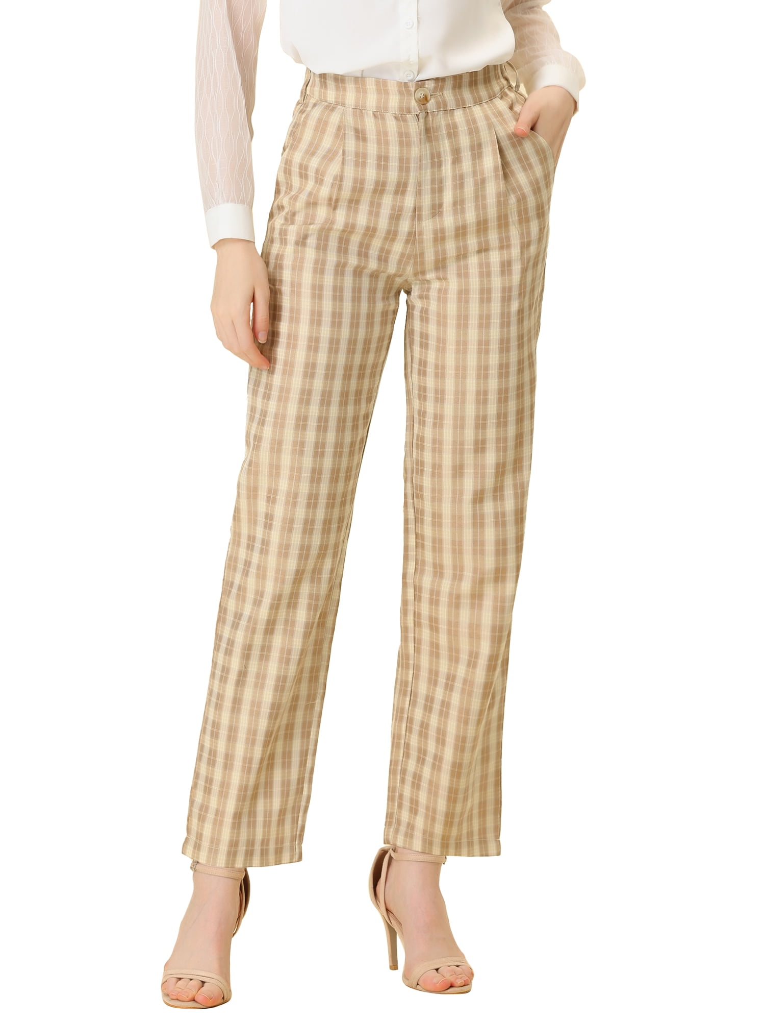 DARING DIVA Women's Plaid Trousers Pockets Straight Leg Casual Pant XS ...