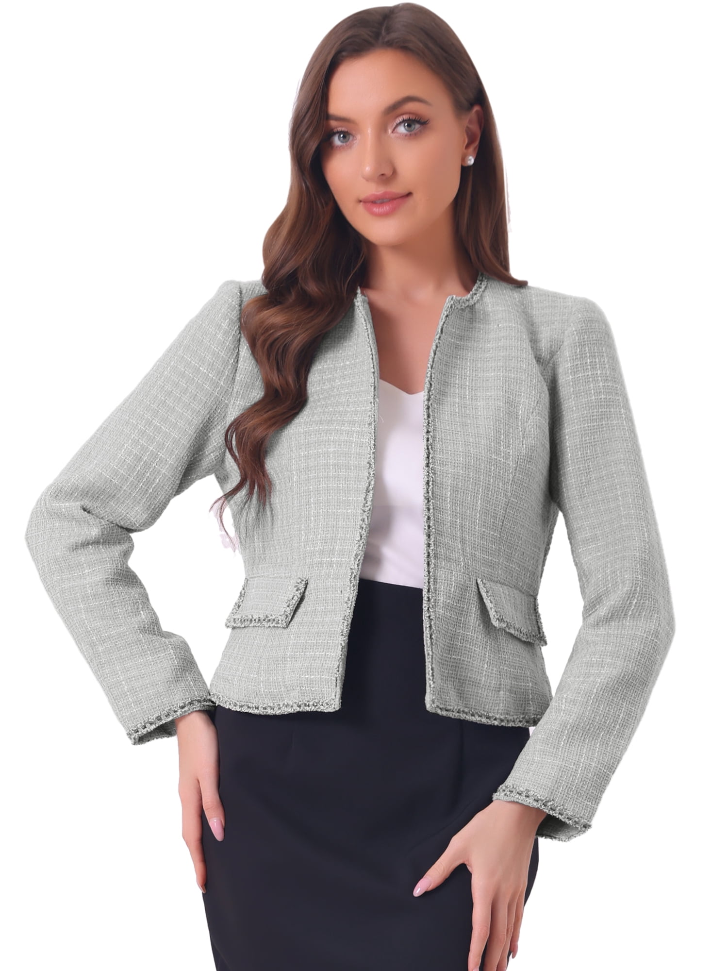 DARING DIVA Women's Plaid Tweed Blazer Long Sleeve Work Jacket M Grey ...