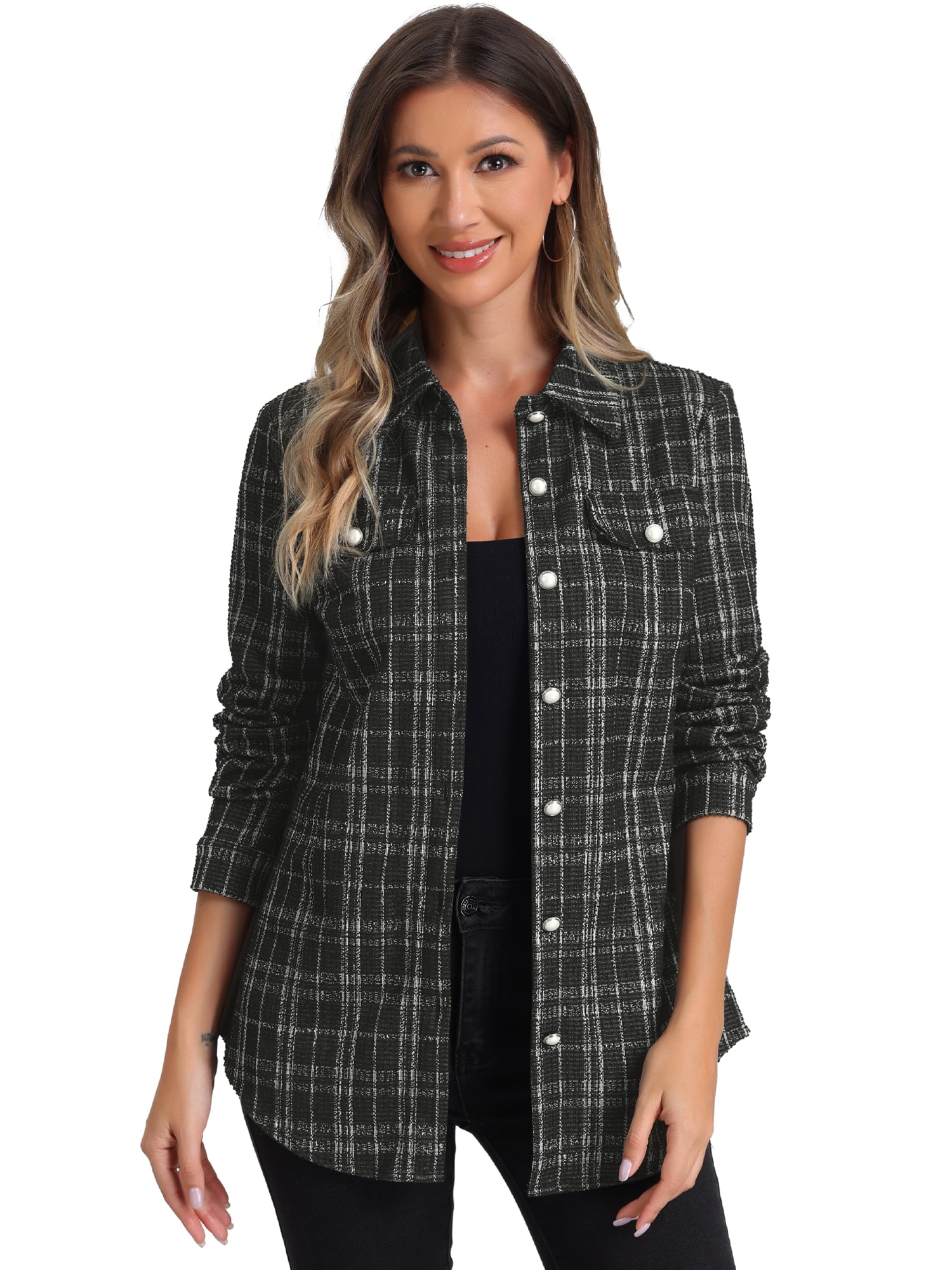 DARING DIVA Women's Plaid Tweed Jackets Collared Lightweight Shackets ...