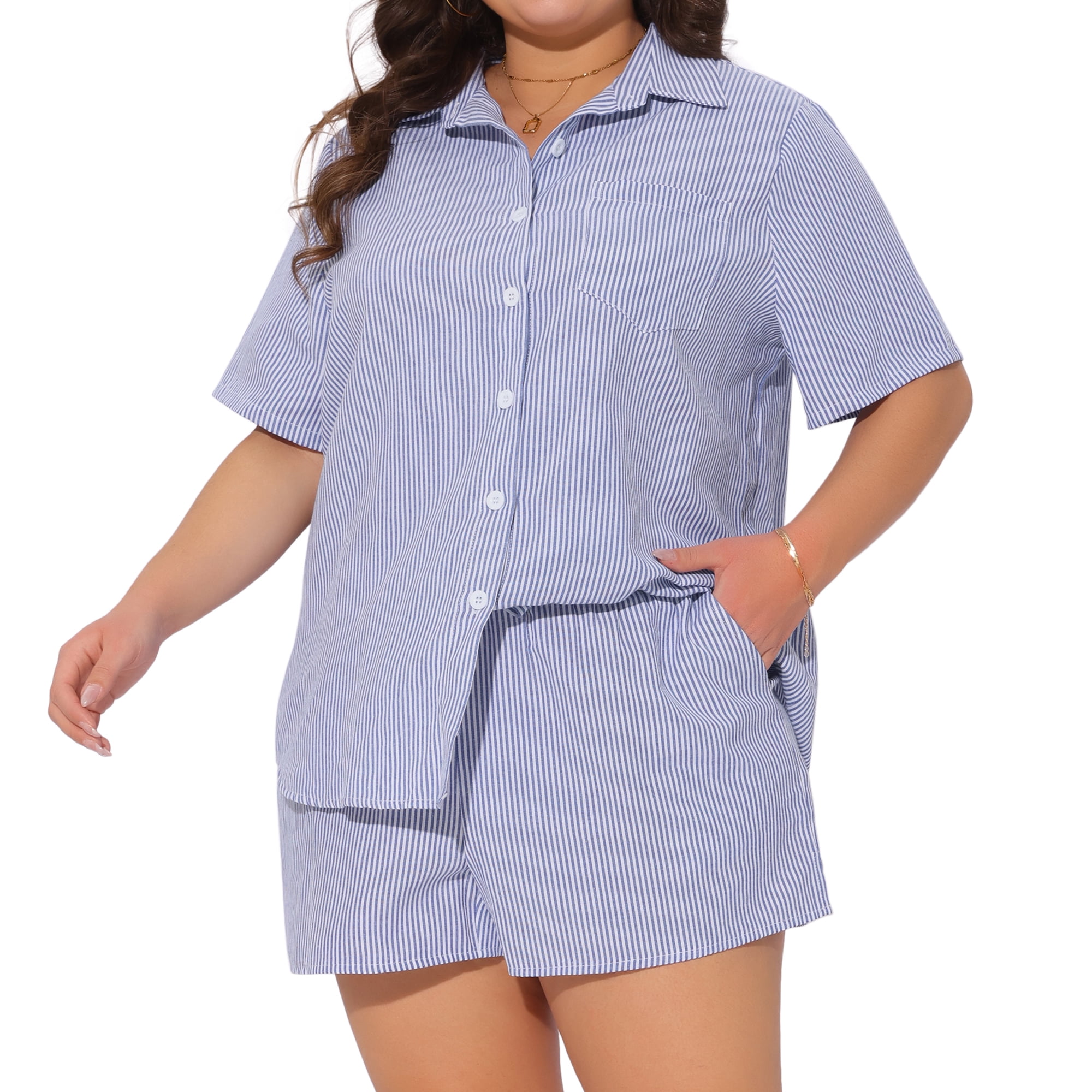 DARING DIVA Women's Plus 2 Pcs Striped Button Down Outfit Short Sets 3X ...