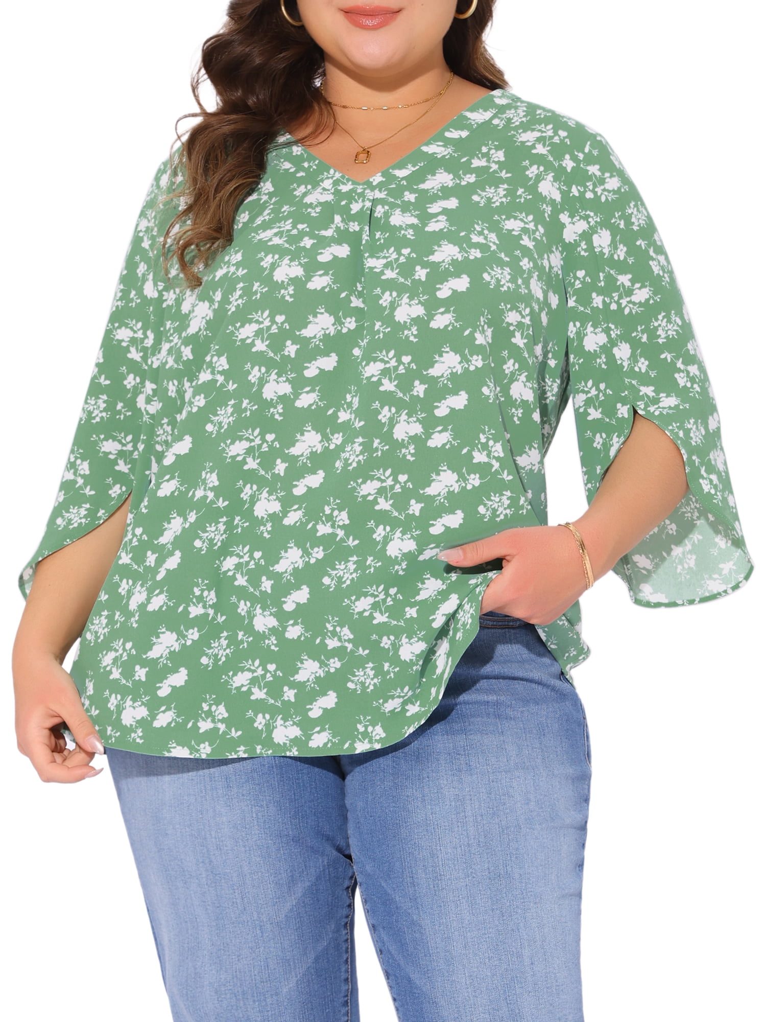 DARING DIVA Women's Plus 3/4 Sleeve V Neck Chiffon Work Blouse 4X Green ...
