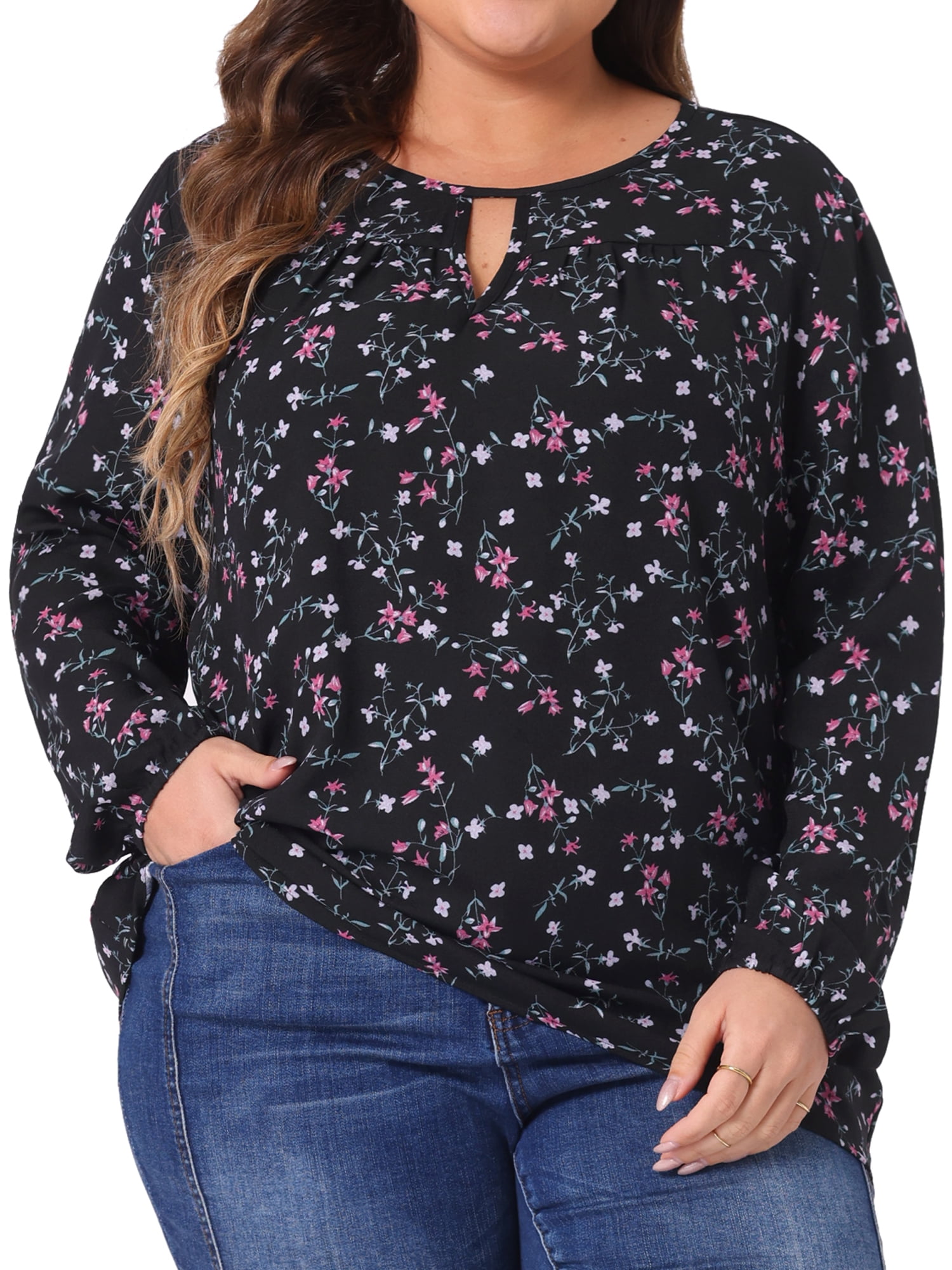 DARING DIVA Women's Plus Chiffon Keyhole Long Sleeve Retro Ditsy Floral ...