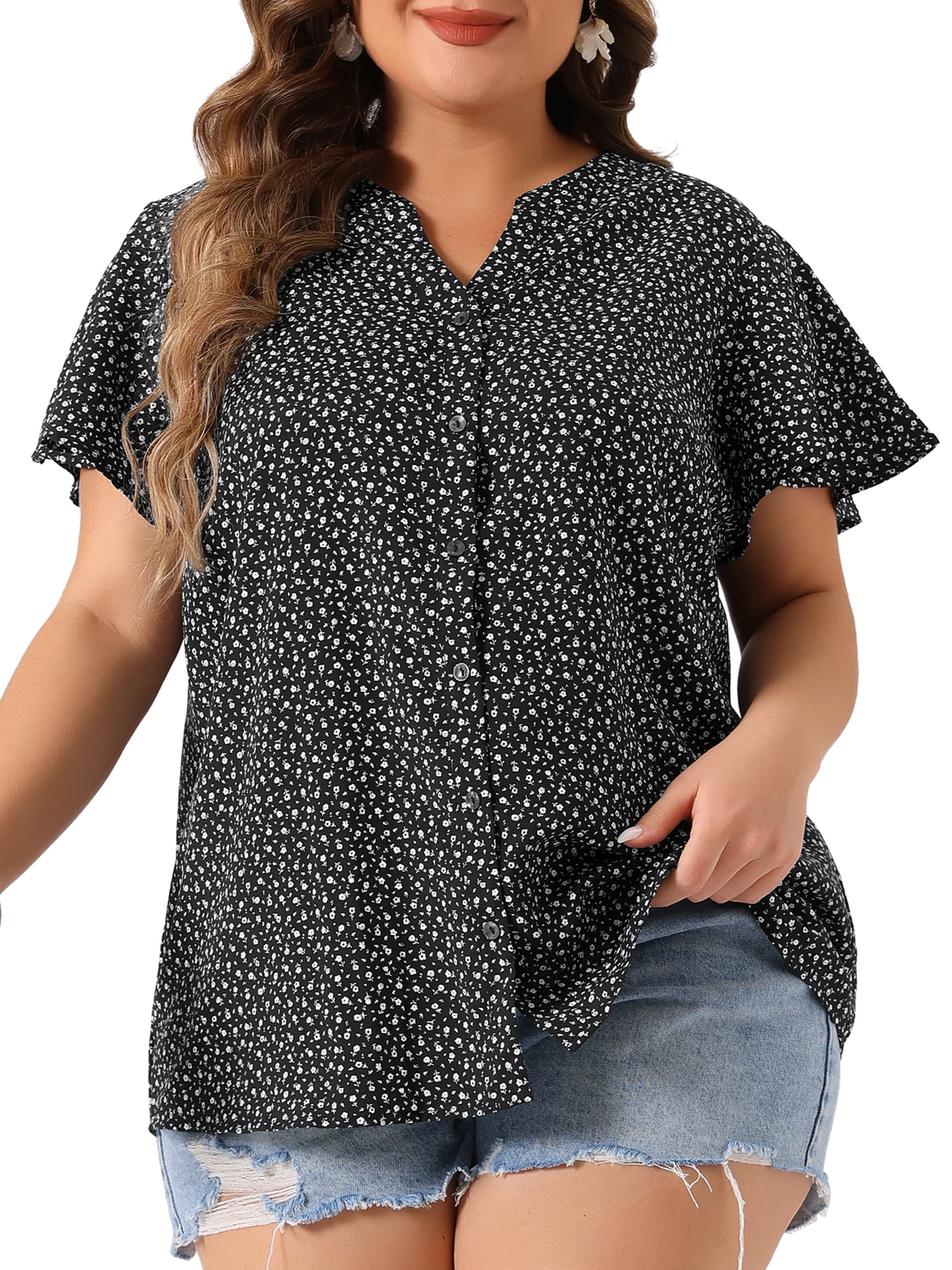 DARING DIVA Women's Plus Chiffon Short Sleeve Button Down Floral Top 1X ...