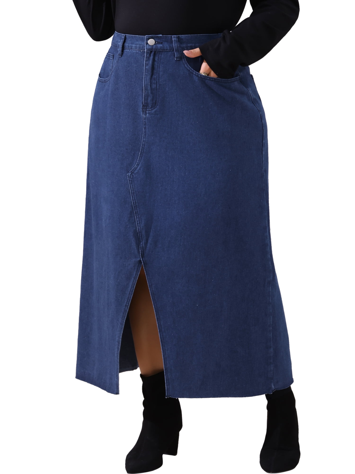 DARING DIVA Women's Plus Denim Maxi Skirt with Frayed Raw Hem 4X Dark ...