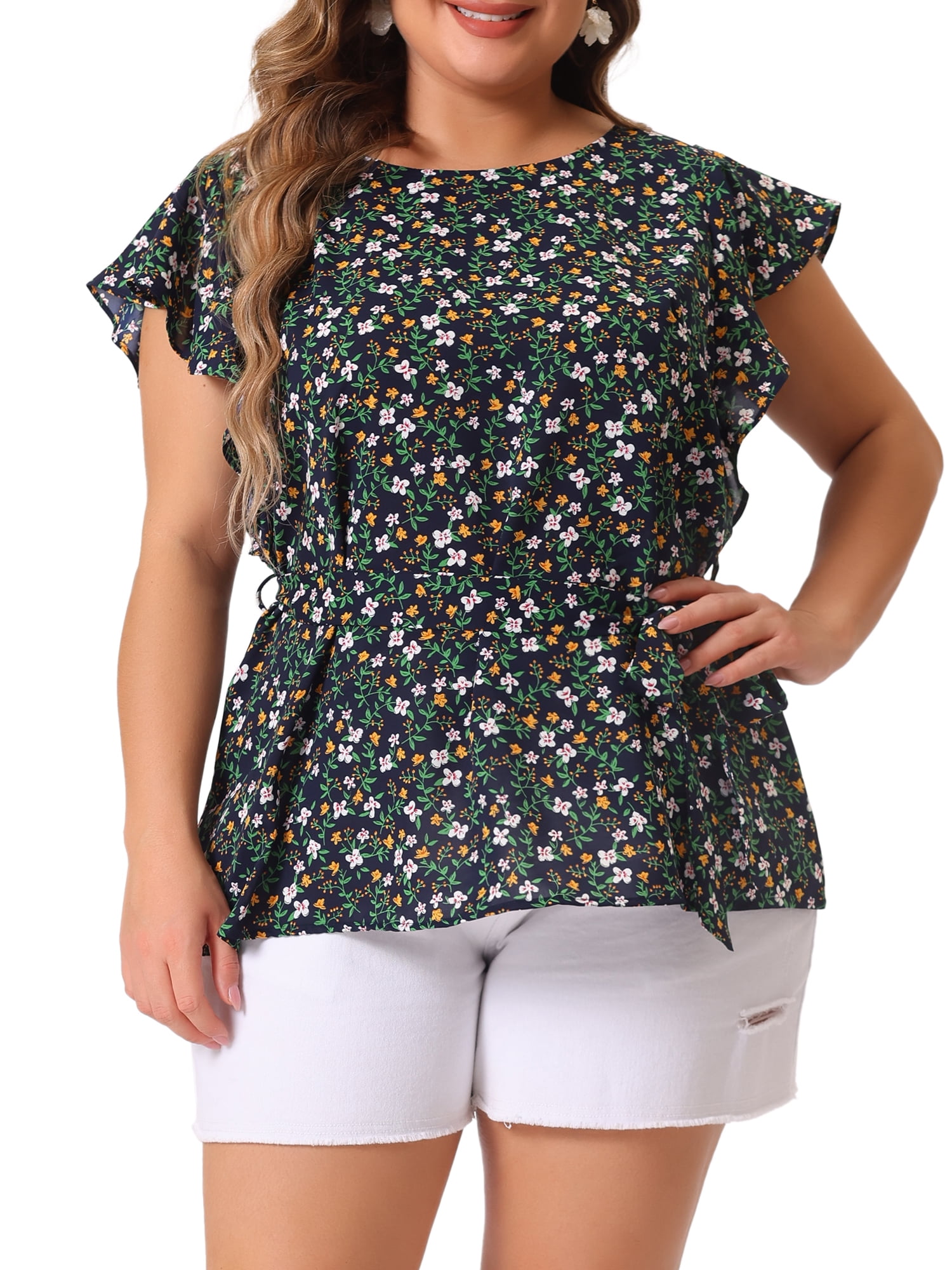 DARING DIVA Women's Plus Floral Tie Waist Flare Sleeve Top 4X Black ...