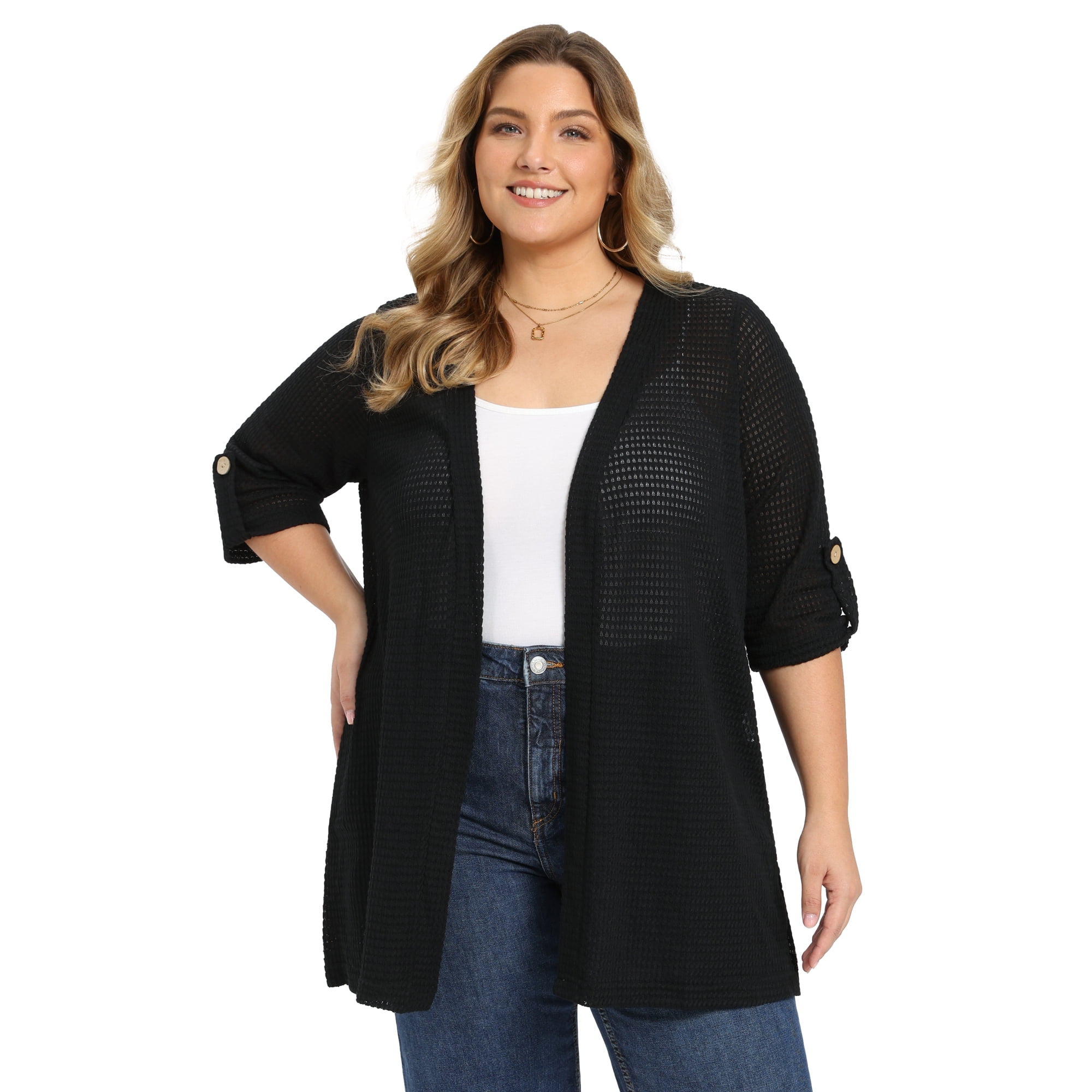 DARING DIVA Women's Plus Hollow Out 3/4 Sleeve Long Open Front Cover Up ...