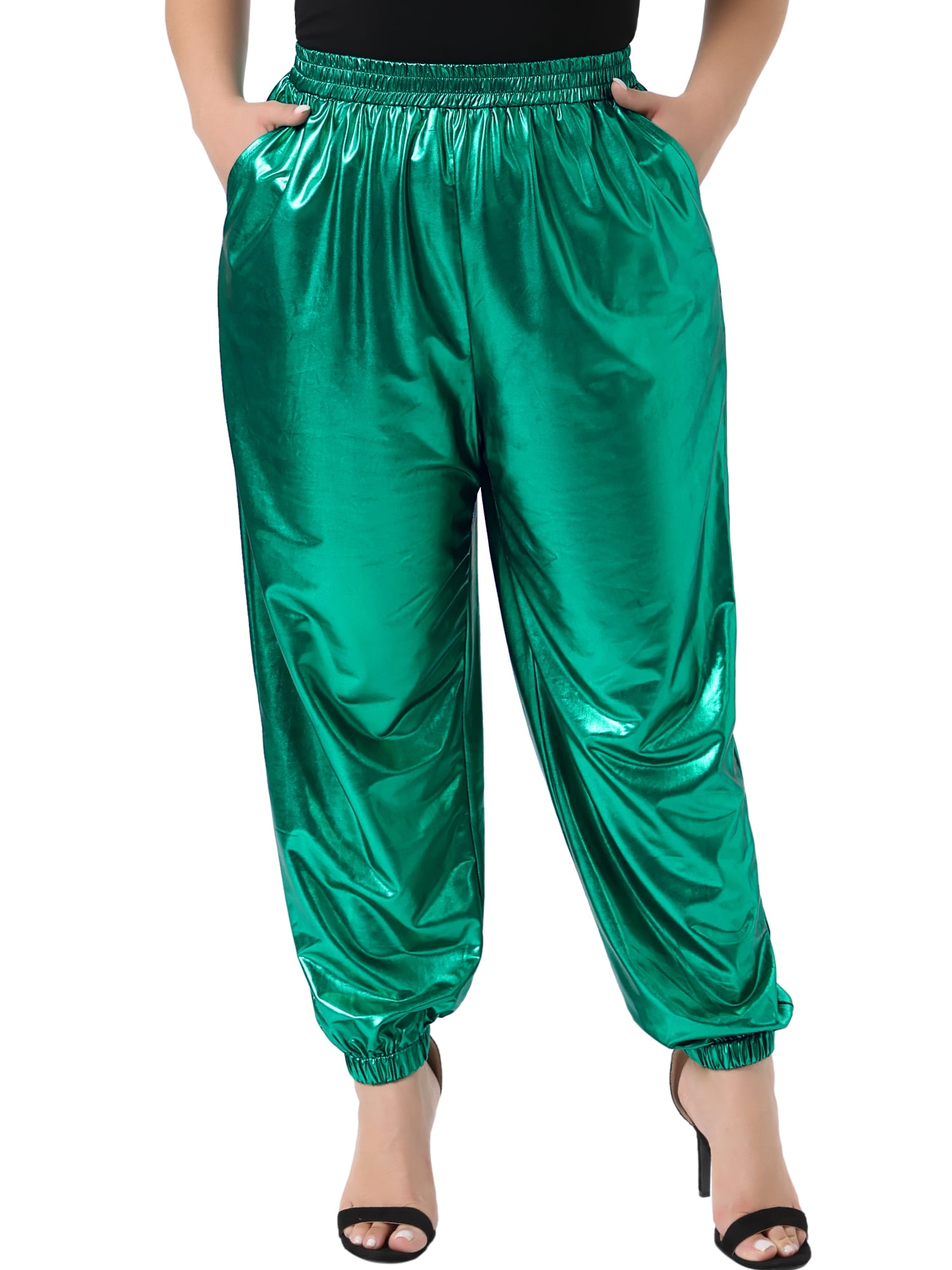 DARING DIVA Women's Plus Jogger Pants Metallic Shiny Stretchy Trousers ...