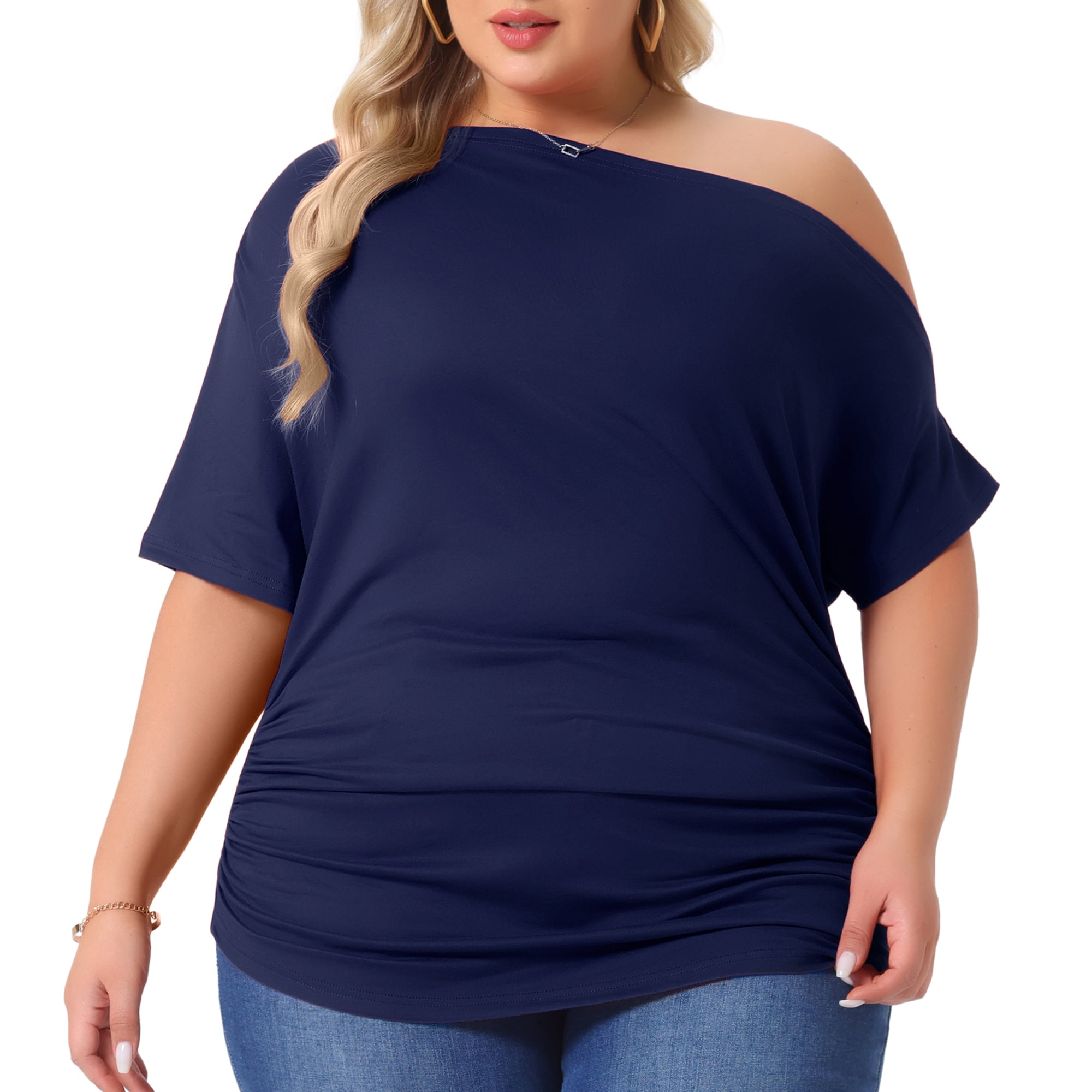 DARING DIVA Women's Plus Tops One Shoulder Ruched Basic Blouses 4X Dark ...