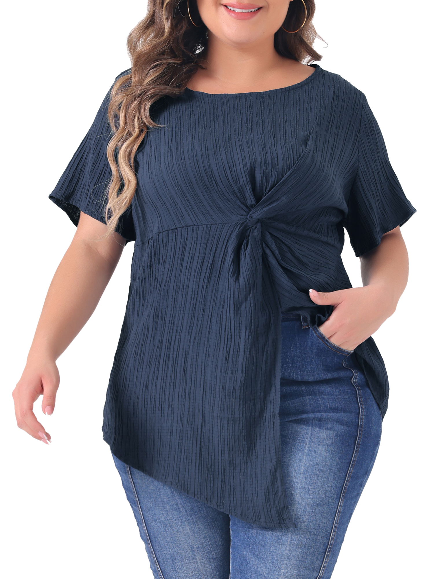 DARING DIVA Women's Plus Round Neck Asymmetrical Hem Twist Knot Top 4X ...