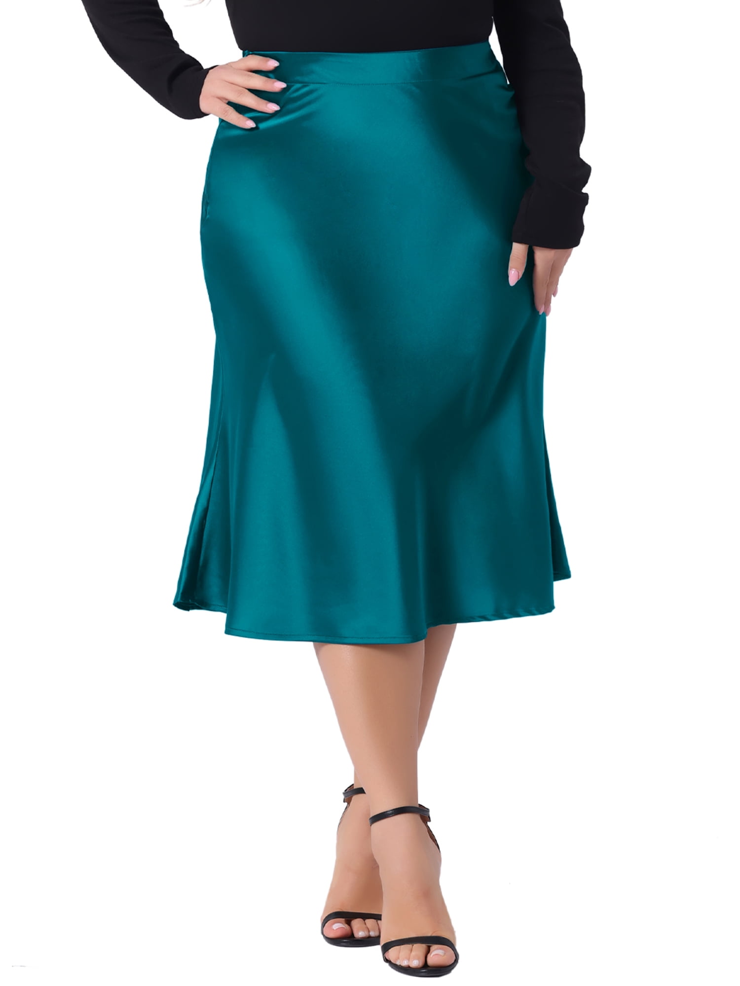 DARING DIVA Women's Plus Silky Satin Midi Skirt Flared A Line 2X ...