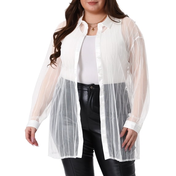 DARING DIVA Women's Plus Size Mesh Sheer Long Sleeve Button Down Shirt ...